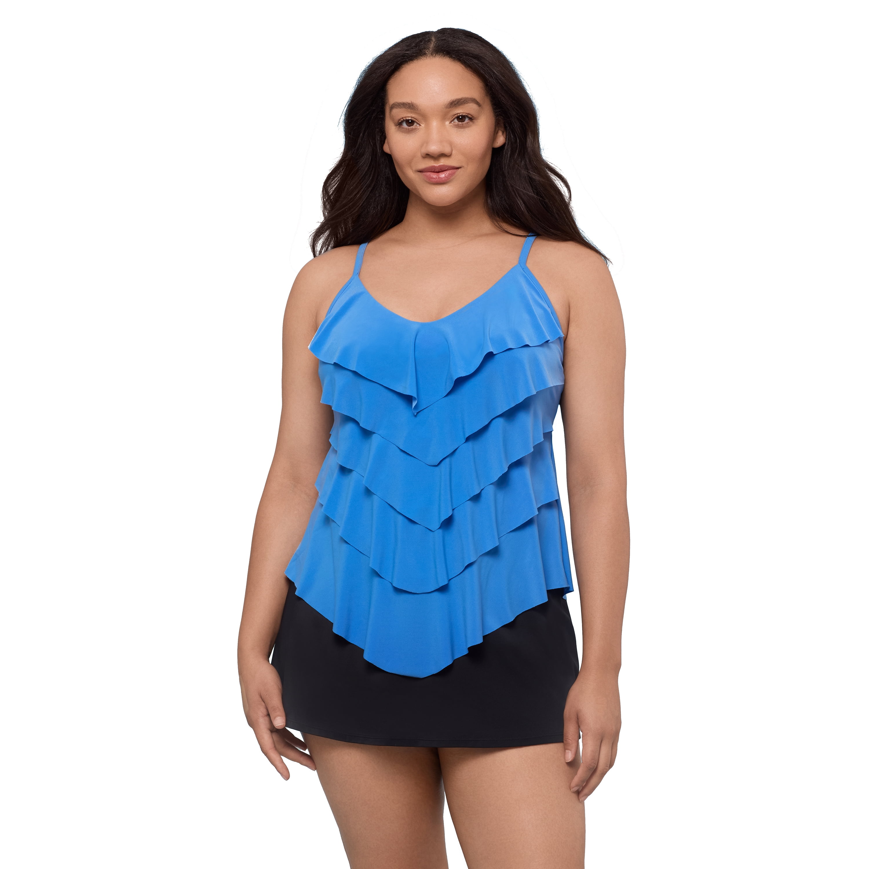 Trimshaper Women's Solid Rachel 5 Tier Ruffle Tankini Swim Top - Blue ...