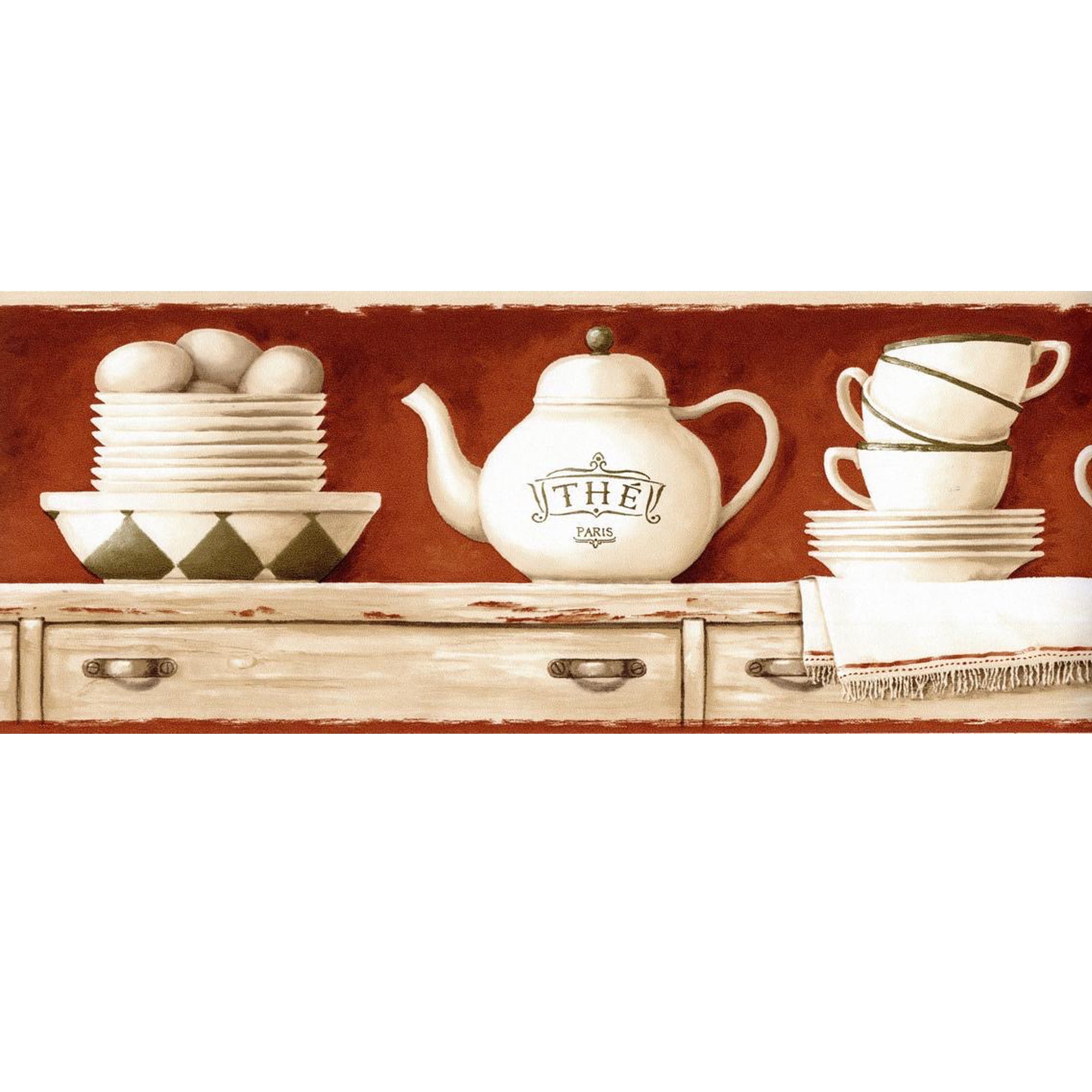 Trimz Brown Country Kitchen China Set on Shelf Wallpaper Border, Pre ...