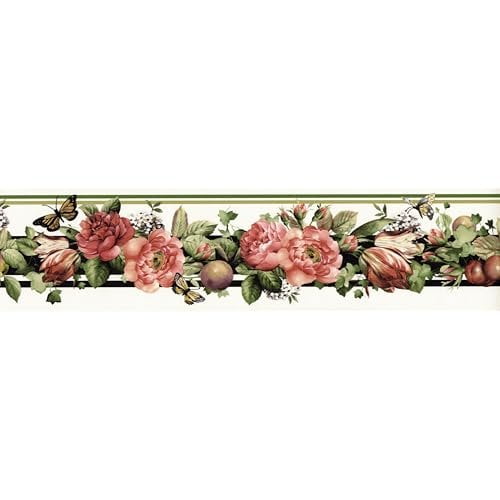 TRIMZ Wallpaper Border Red Cabbage Roses, Fruits & Butterflies, Kitchen ...
