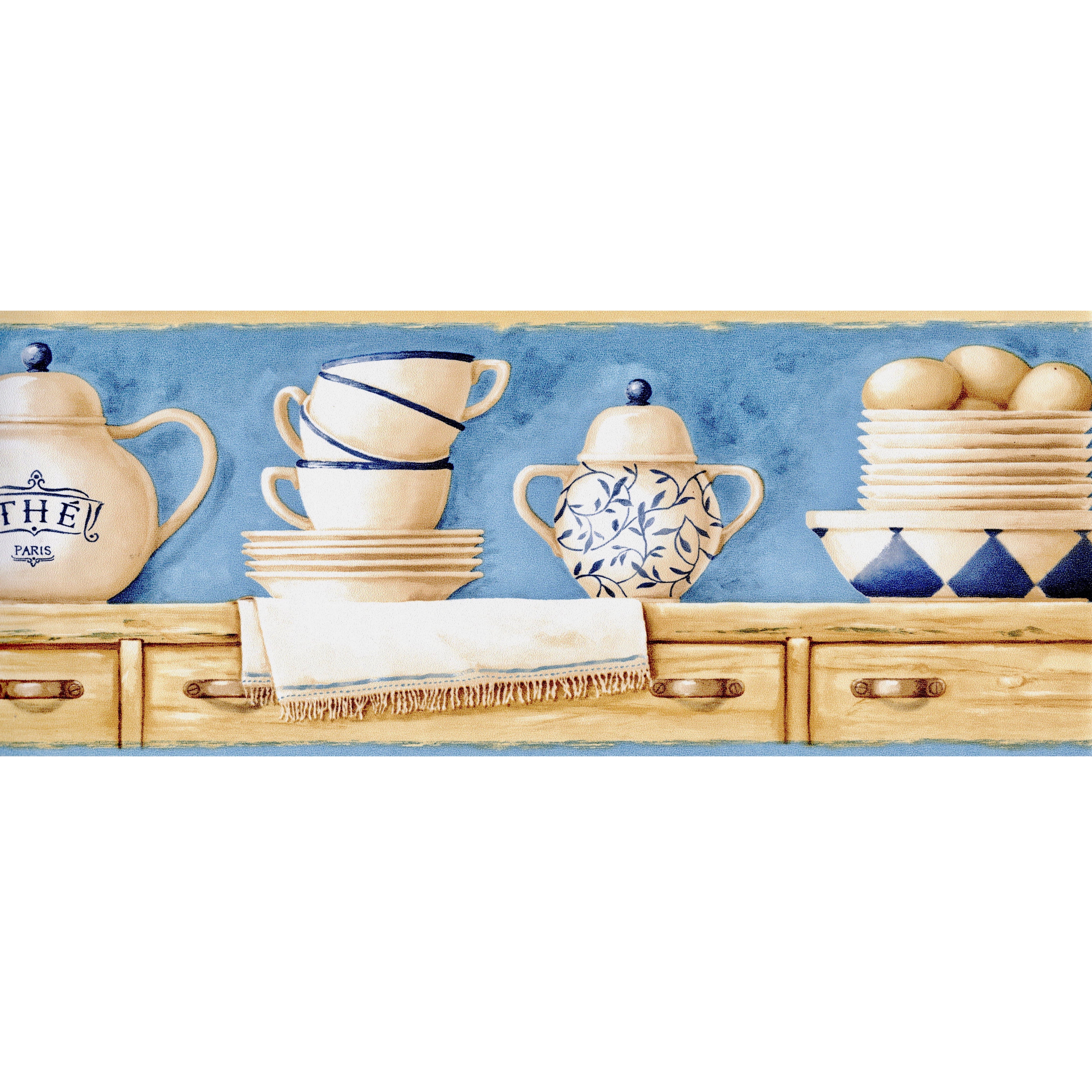 Trimz Delft Kitchen Tea Set on Shelf Wallpaper Border, Pre-pasted, 15 ...
