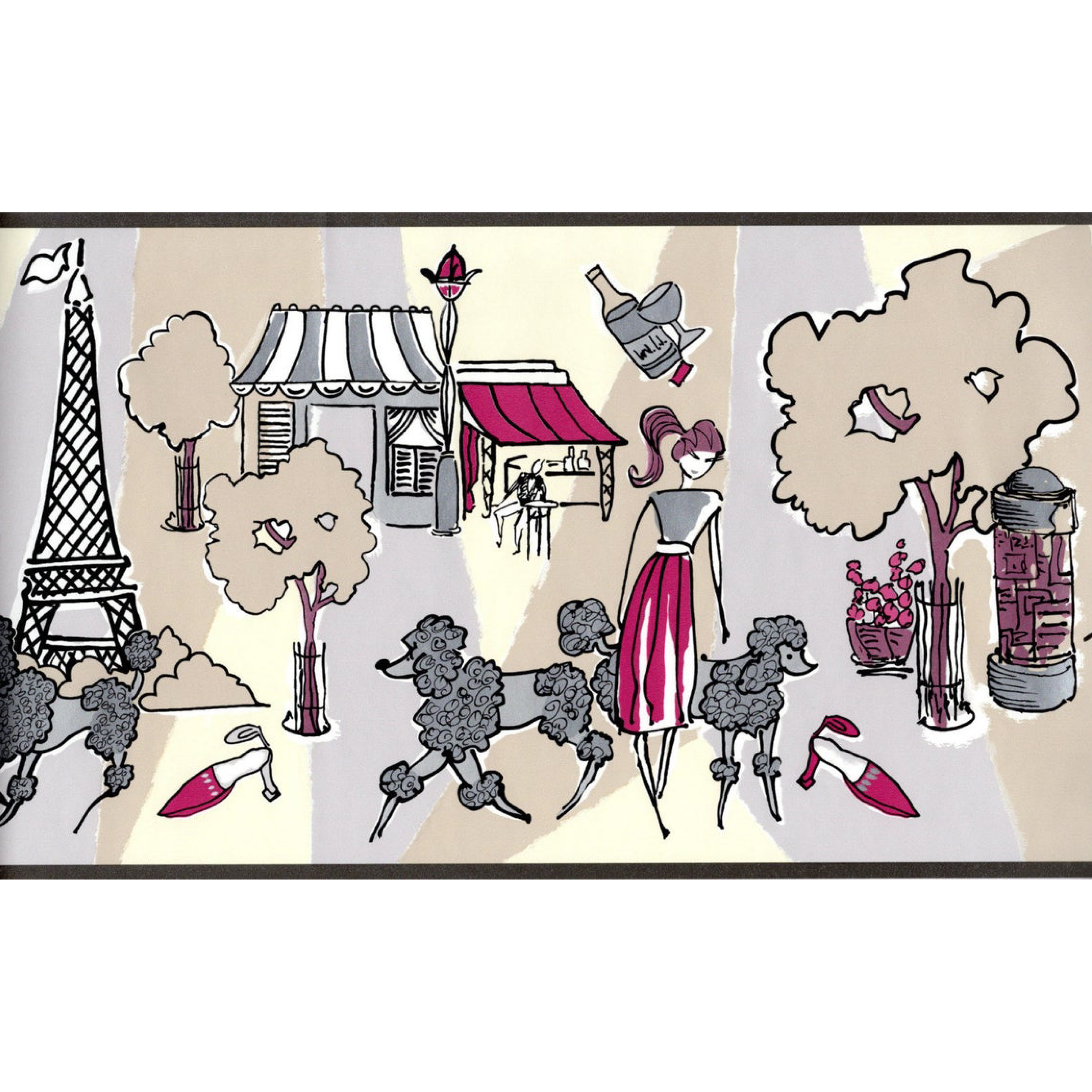 Trimz Ooh La La Parisian Wallpaper Border - Pink, Metallic Silver, Grey ...