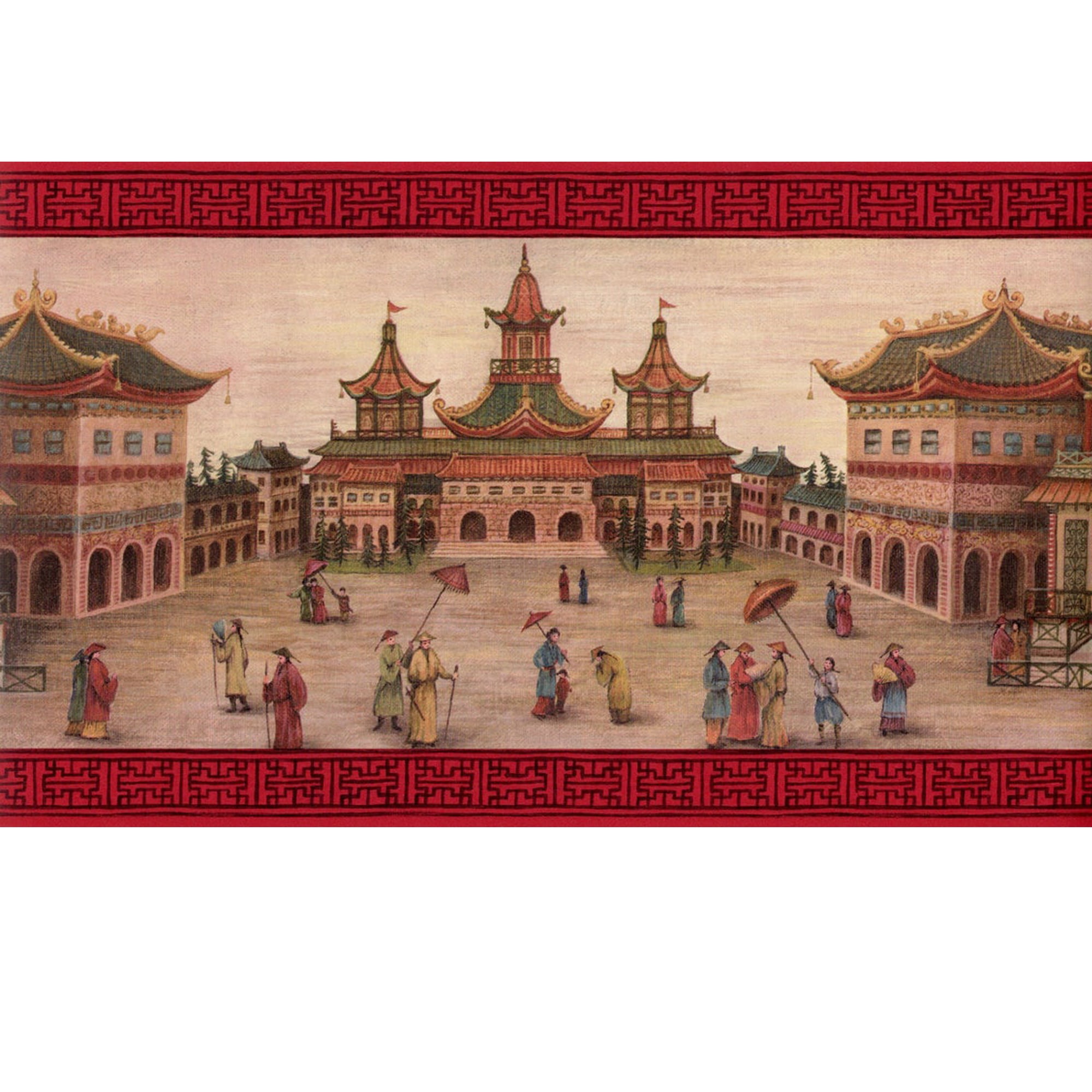Trimz Red Pagoda Oriental Chinoiserie Wallpaper Border, Pre-pasted, 15 ...