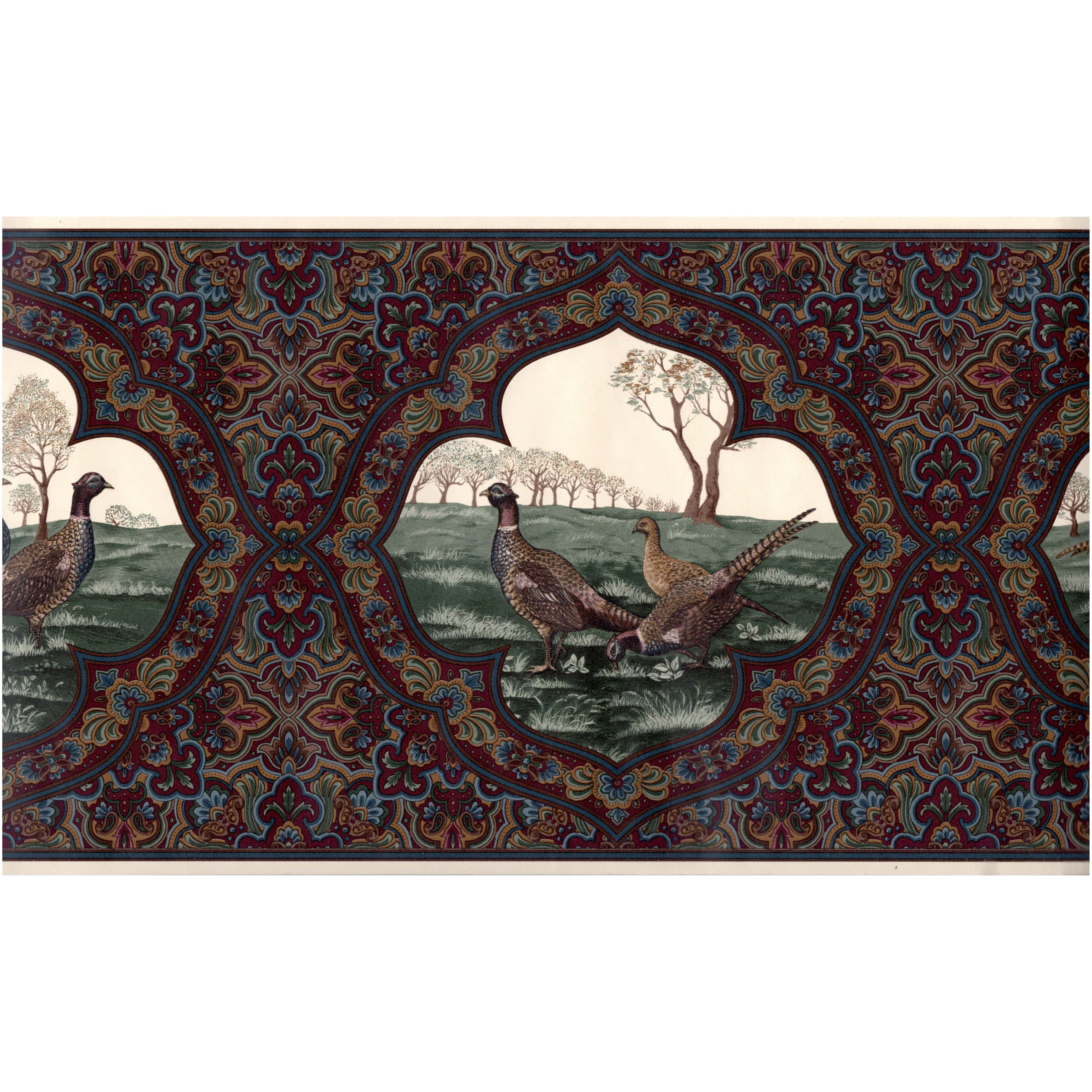 Trimz Vintage Paisley Pheasants Wallpaper Border, Dark burgundy, Green ...