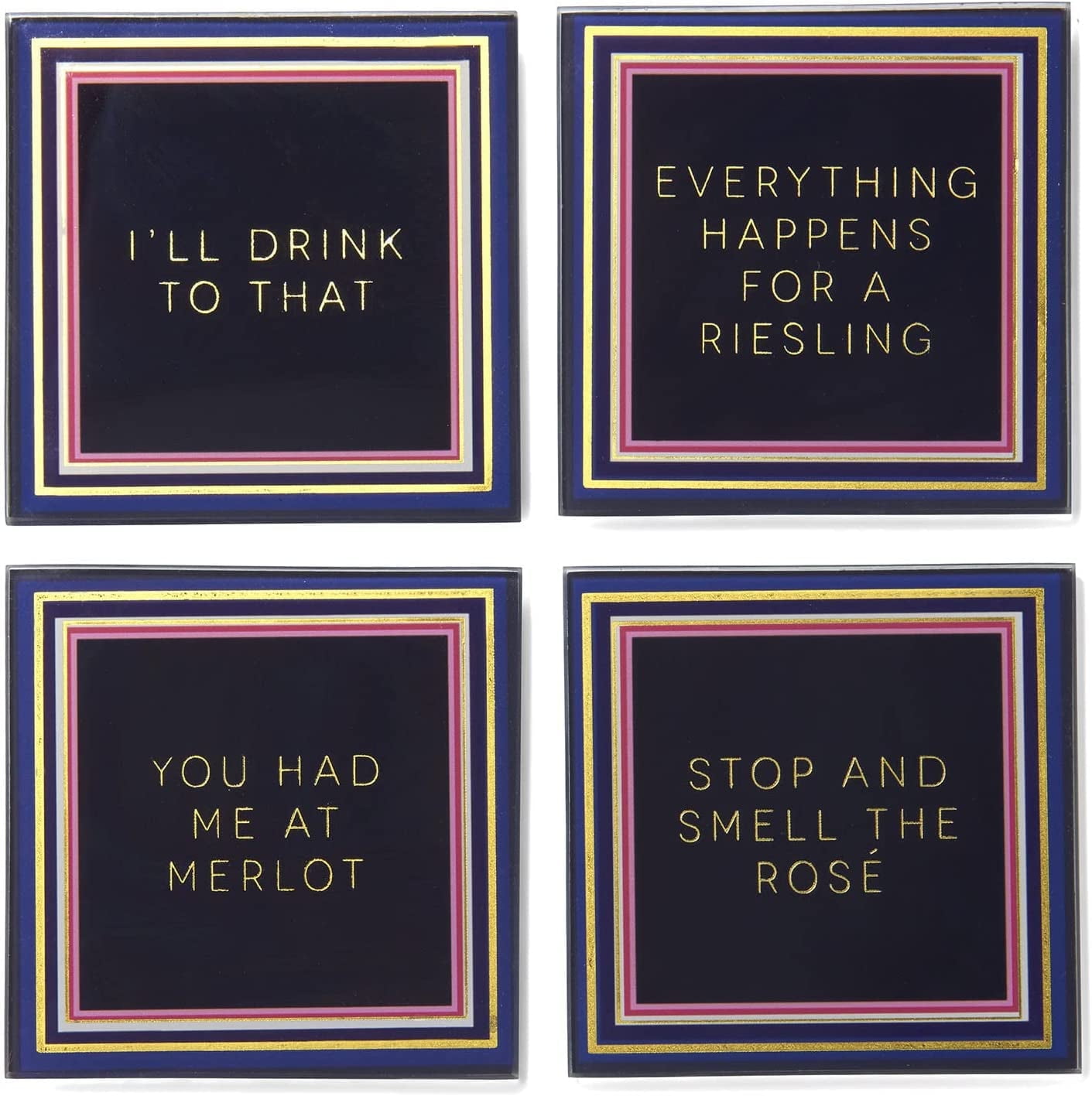 Trina Turk, Square, Blue and Gold Rim, Glass Word Coasters for Drinks ...