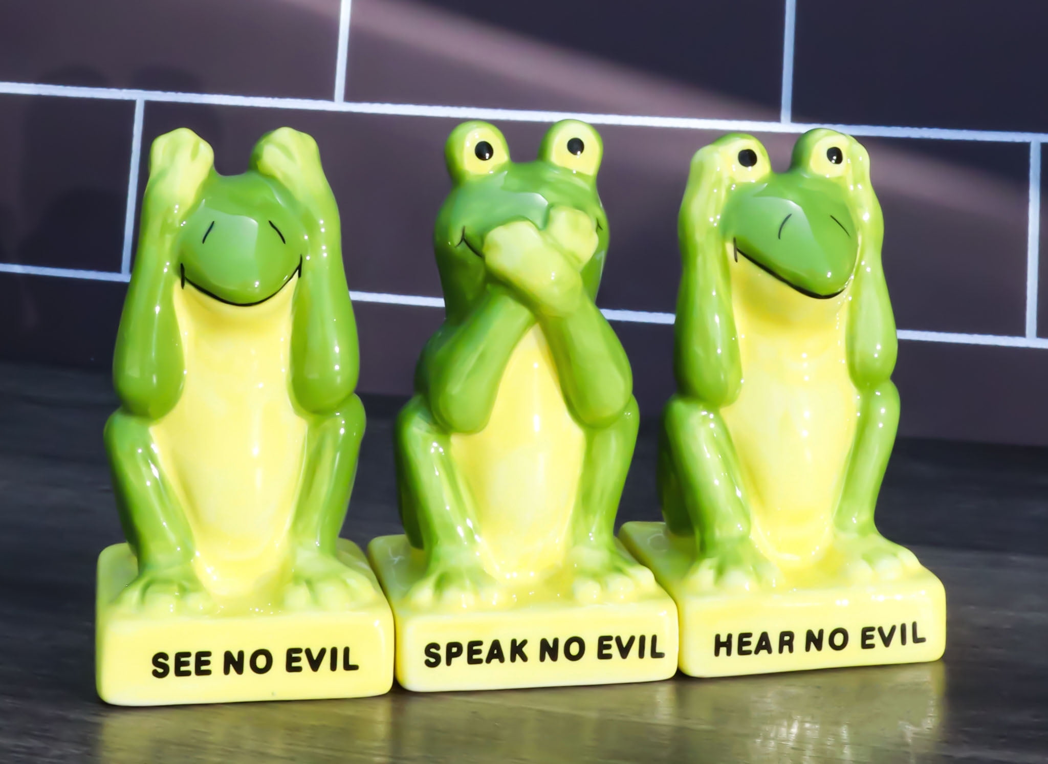 Trio Green Frogs See Hear Speak No Evil Salt Pepper Shakers Toothpick ...