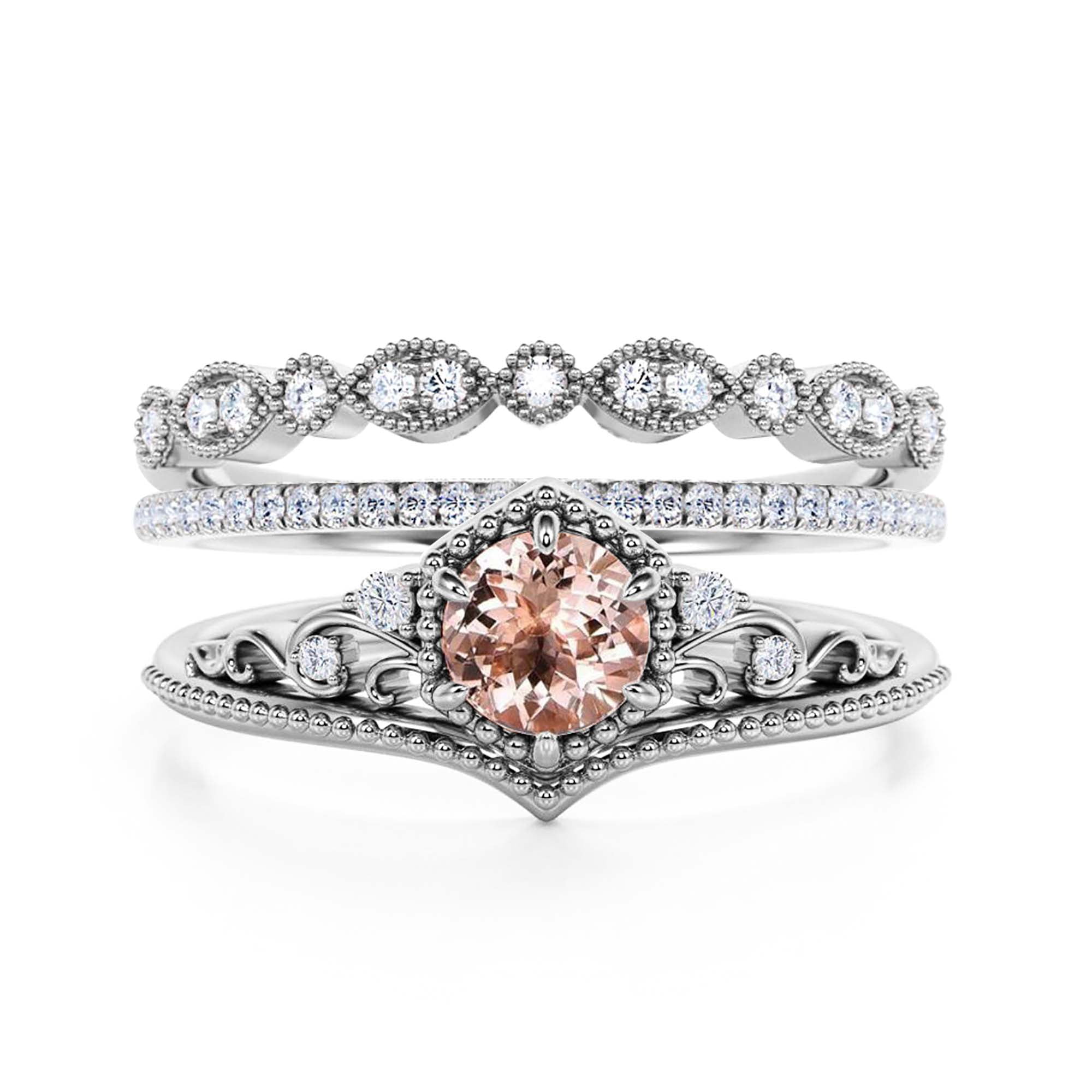 Trio Rings Art Deco 2.50 Carat Round Cut Morganite And Diamond ...