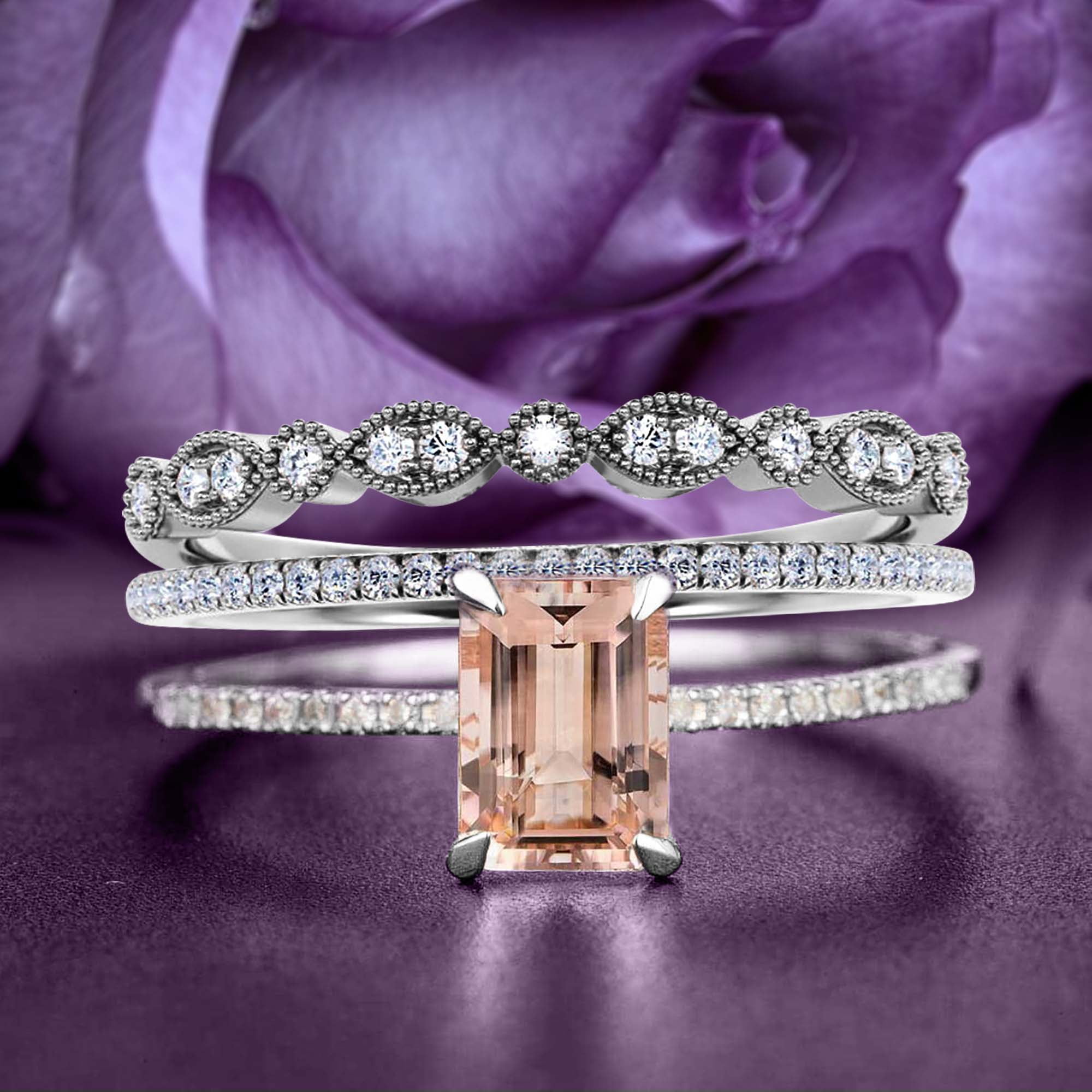 Trio Rings Set Dazzling Art Deco 2.25 Carat Emerald Cut Morganite And ...