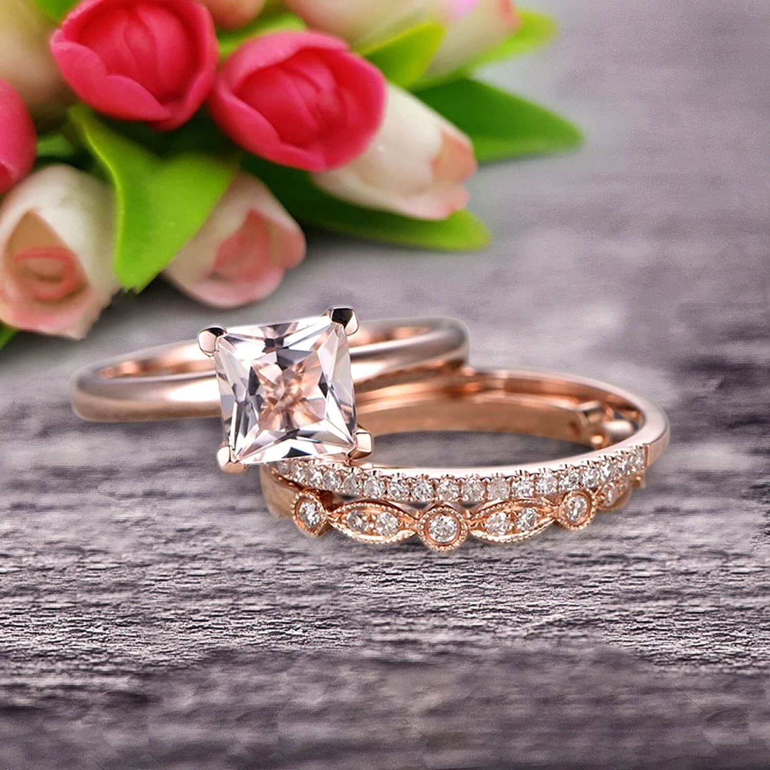 Trio Set 2.25 Carat 6mm Princess Cut Morganite Wedding Set Engagement ...