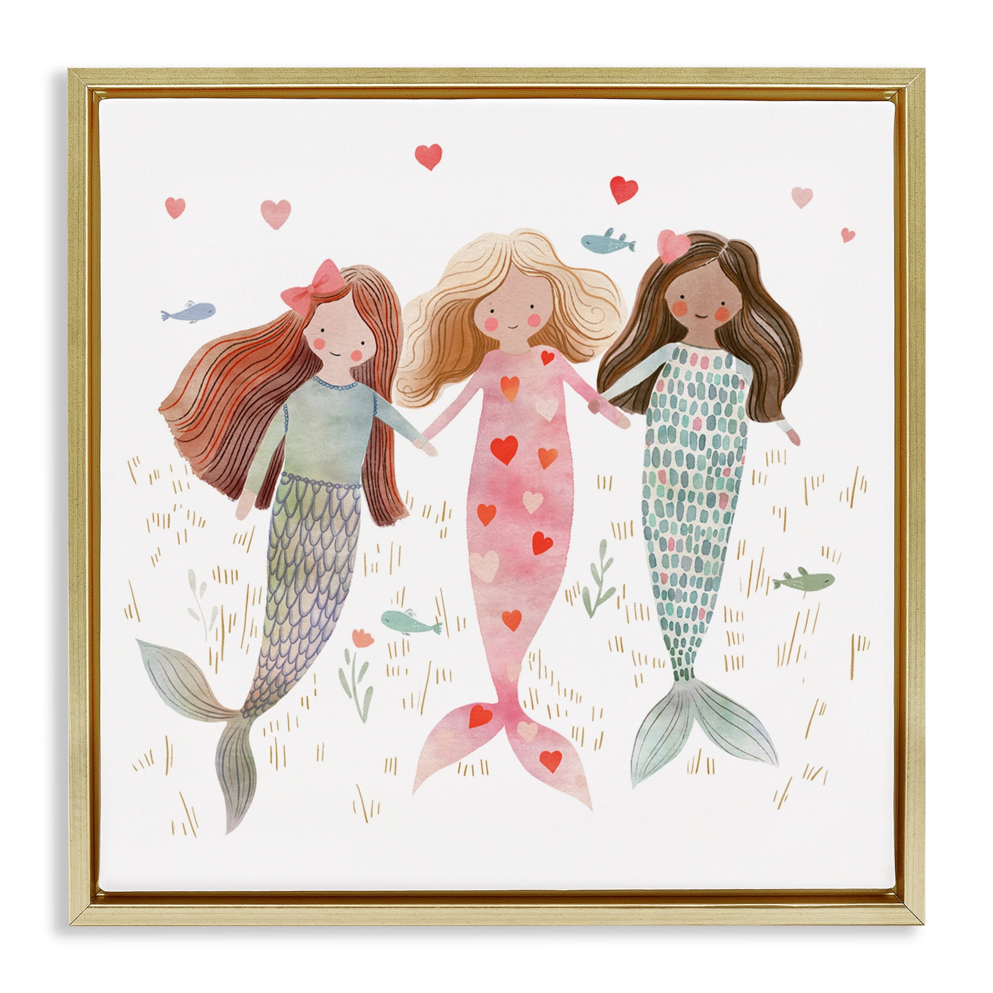 Trio of Mermaids Friendship Gold Framed Floater Canvas Wall Art, design ...