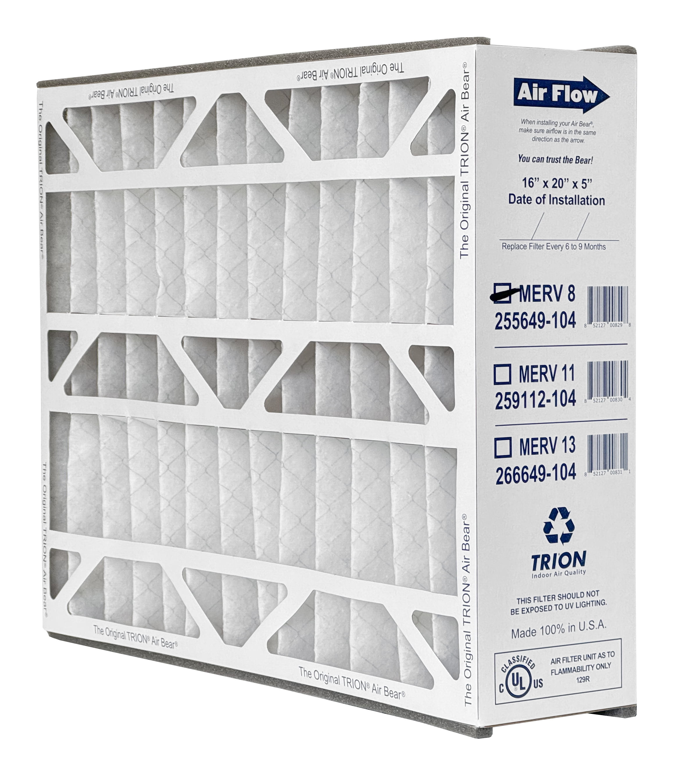 Trion Air Bear 255649-104 - 16" x 20" x 5" Pleated MERV 8 Air Filter ...