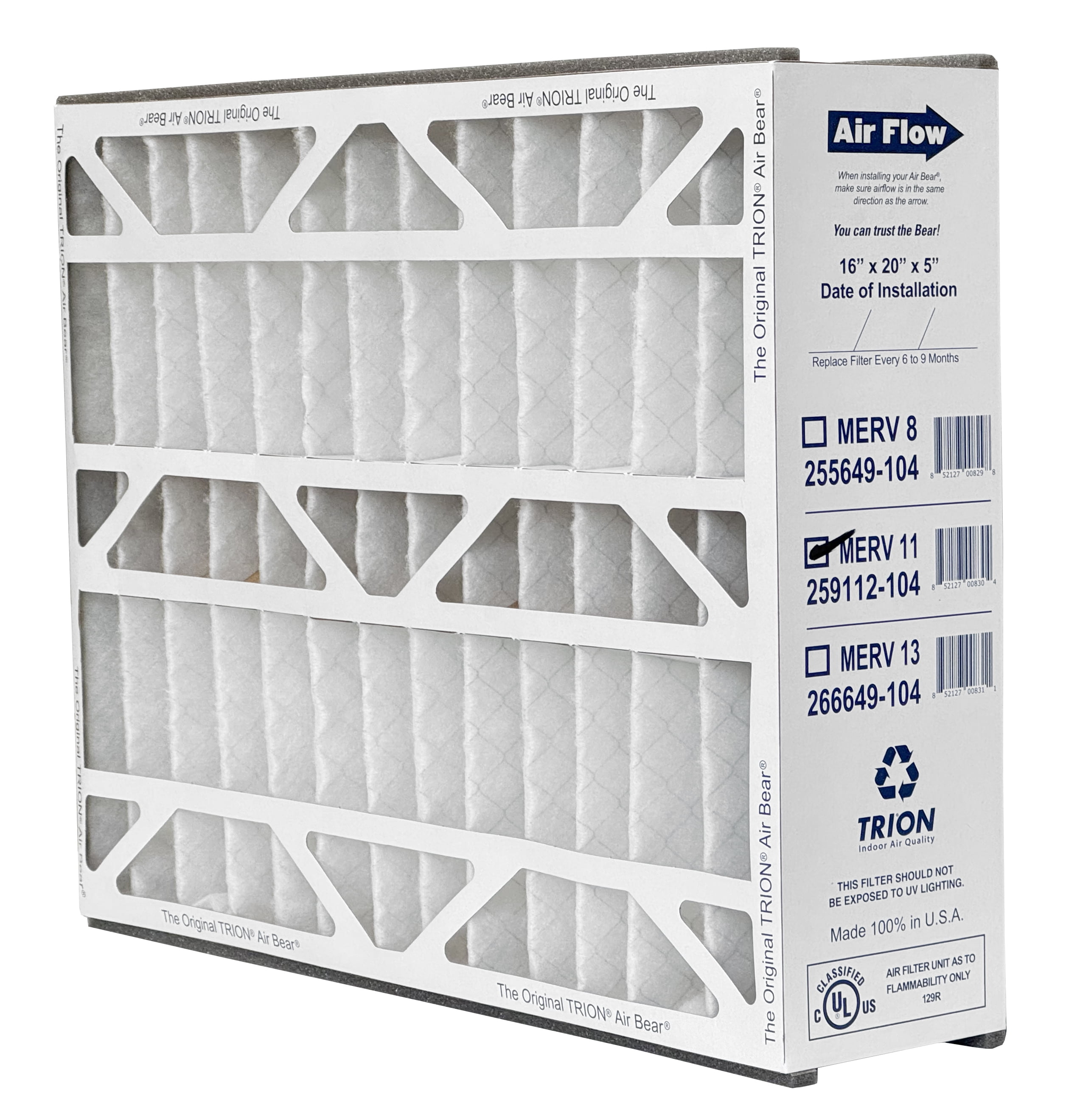 Trion Air Bear 259112-104 - 16" x 20" x 5" Pleated Air Filter, MERV 11 ...