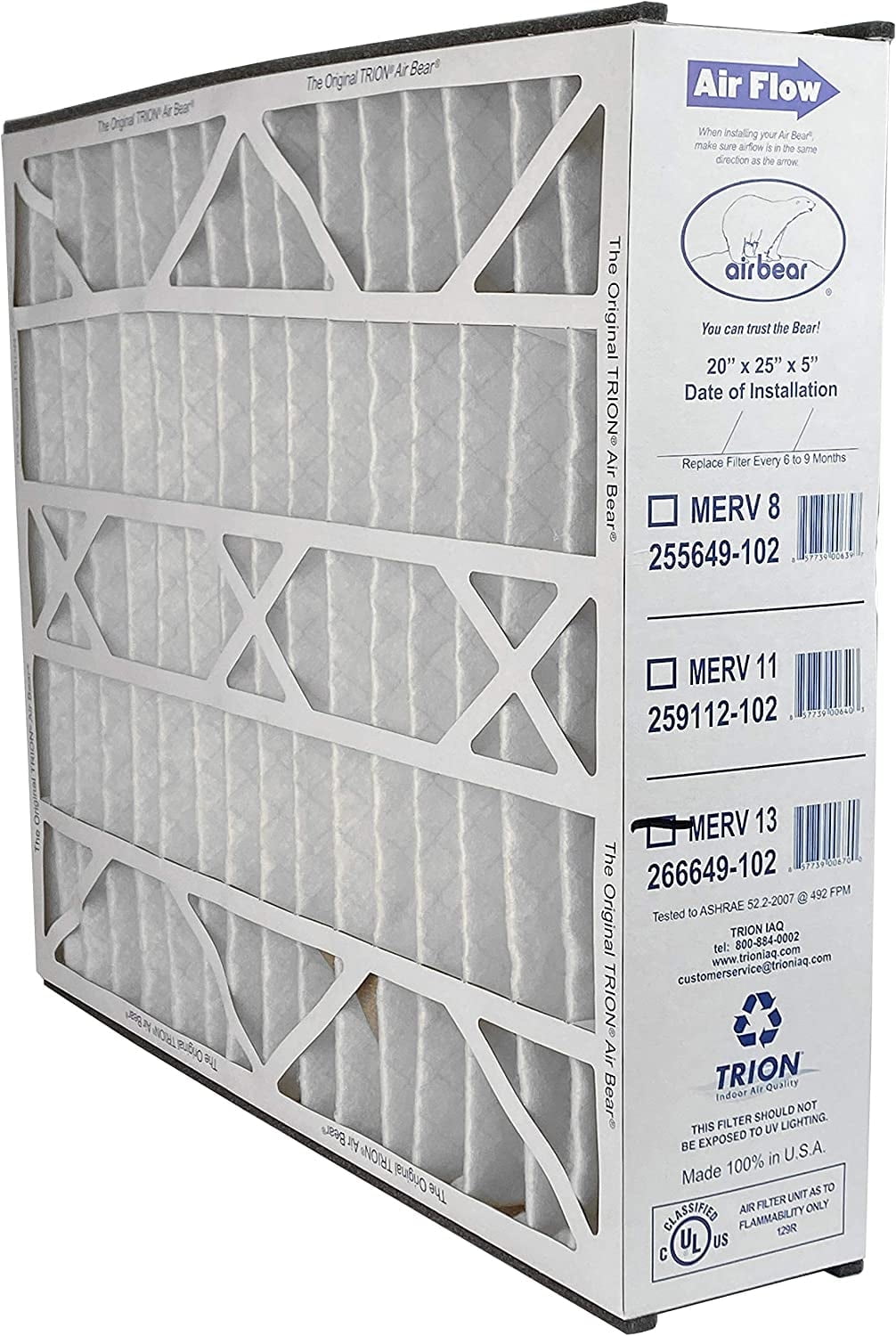 Trion Air Bear 266649-102 - 20" x 25" x 5" MERV 13 Pleated Air Filter ...