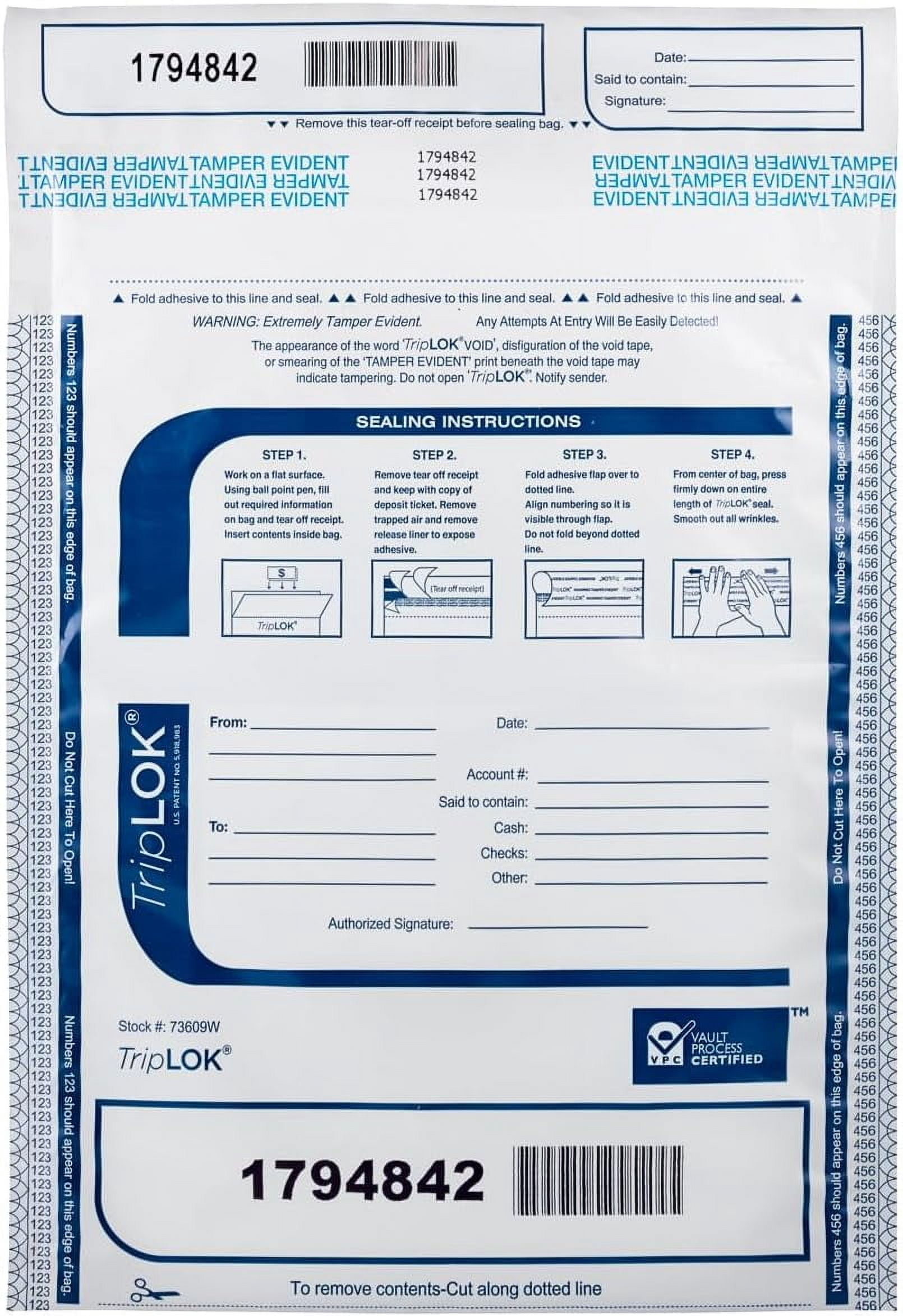 TripLok 9" x 12", White with Pocket, 100 Bags, Tamper-Evident Deposit ...