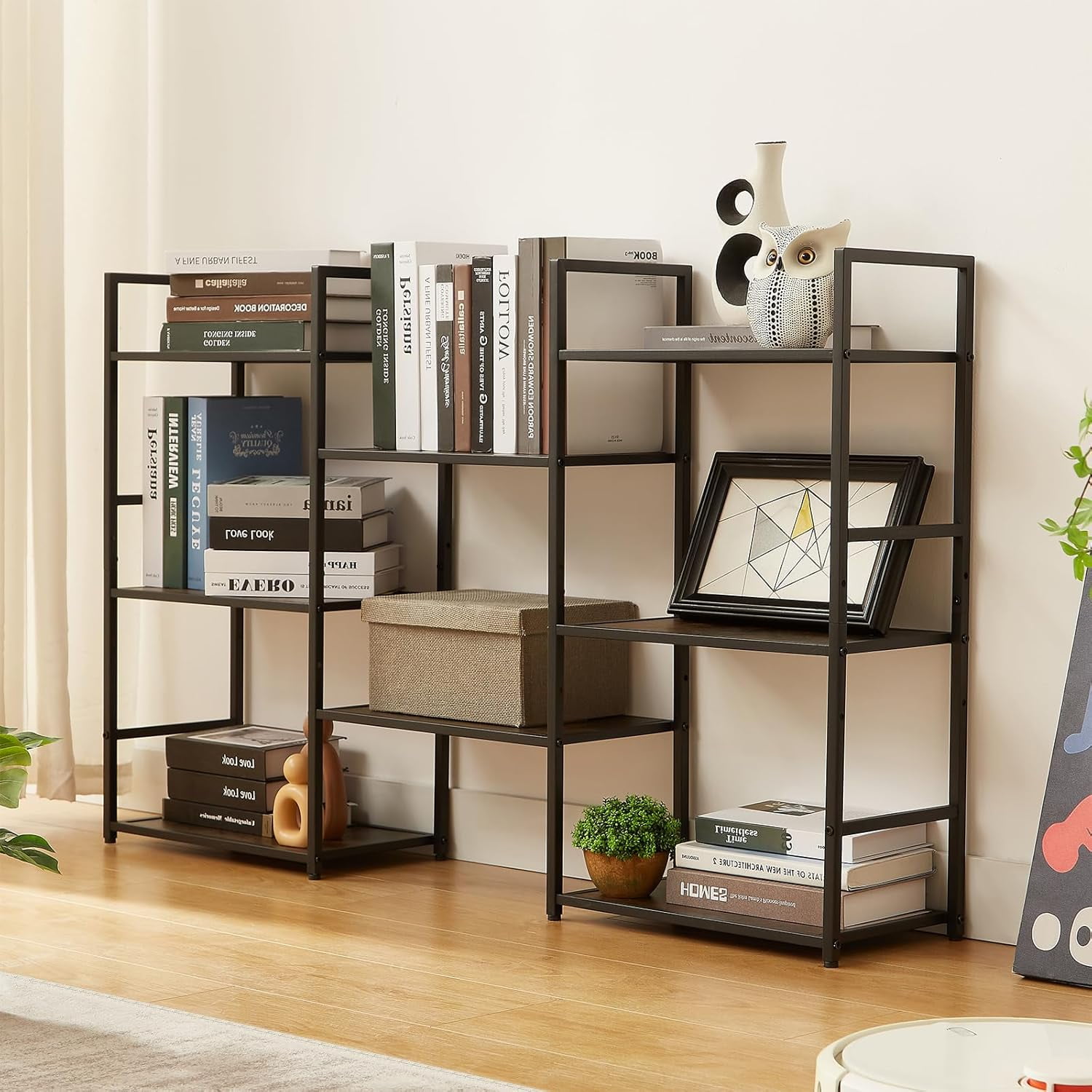 Triple 3 Tier Bookshelf, Wide Industrial Large Book Shelf with 8 Open ...