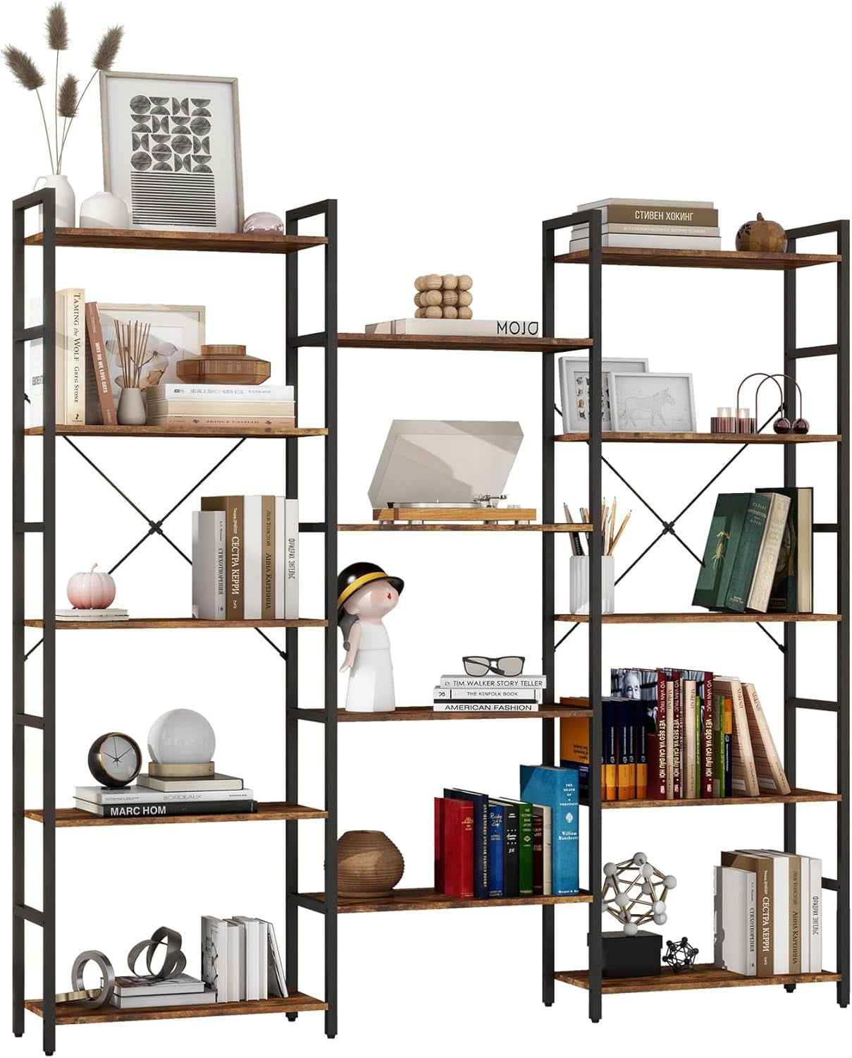 Triple 4/5 Tier Bookshelf, Industrial Bookcase with 11/14/17 Open ...