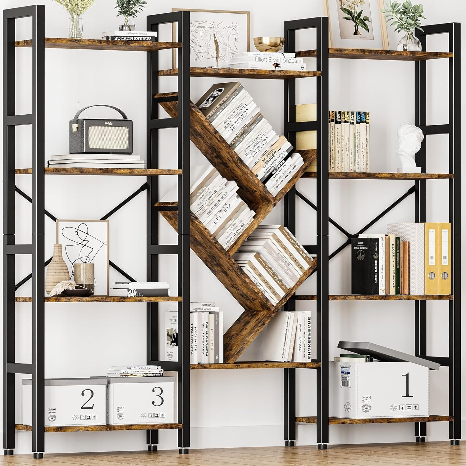 Triple 4 Tier Book Shelf, Large Wooden Bookcase with 14 Open Display ...