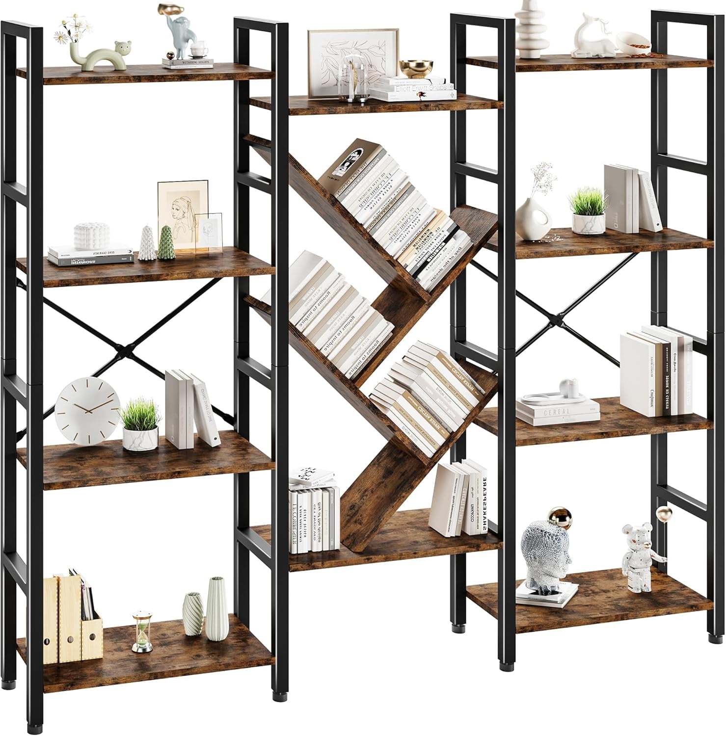 Triple 4 Tier Book Shelf, Large Wooden Bookcase with 14 Open Display ...