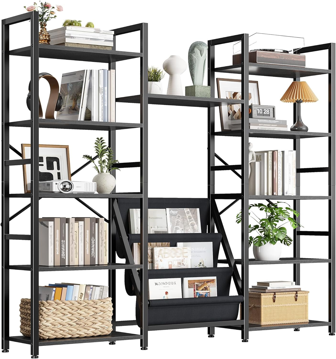 Triple 5 Tier Bookshelf, Industrial Bookcase with 3 Layer Slings and 11 ...
