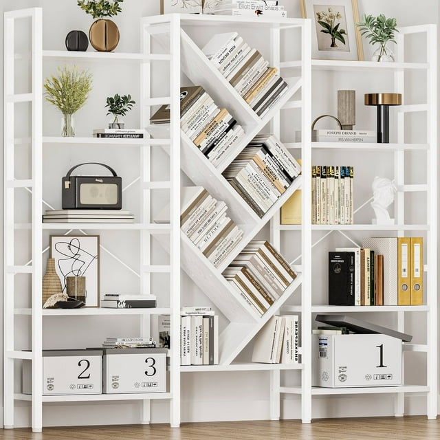 Triple 5 Tier Bookshelf, Large Wooden Bookcase with 17 Open Display ...