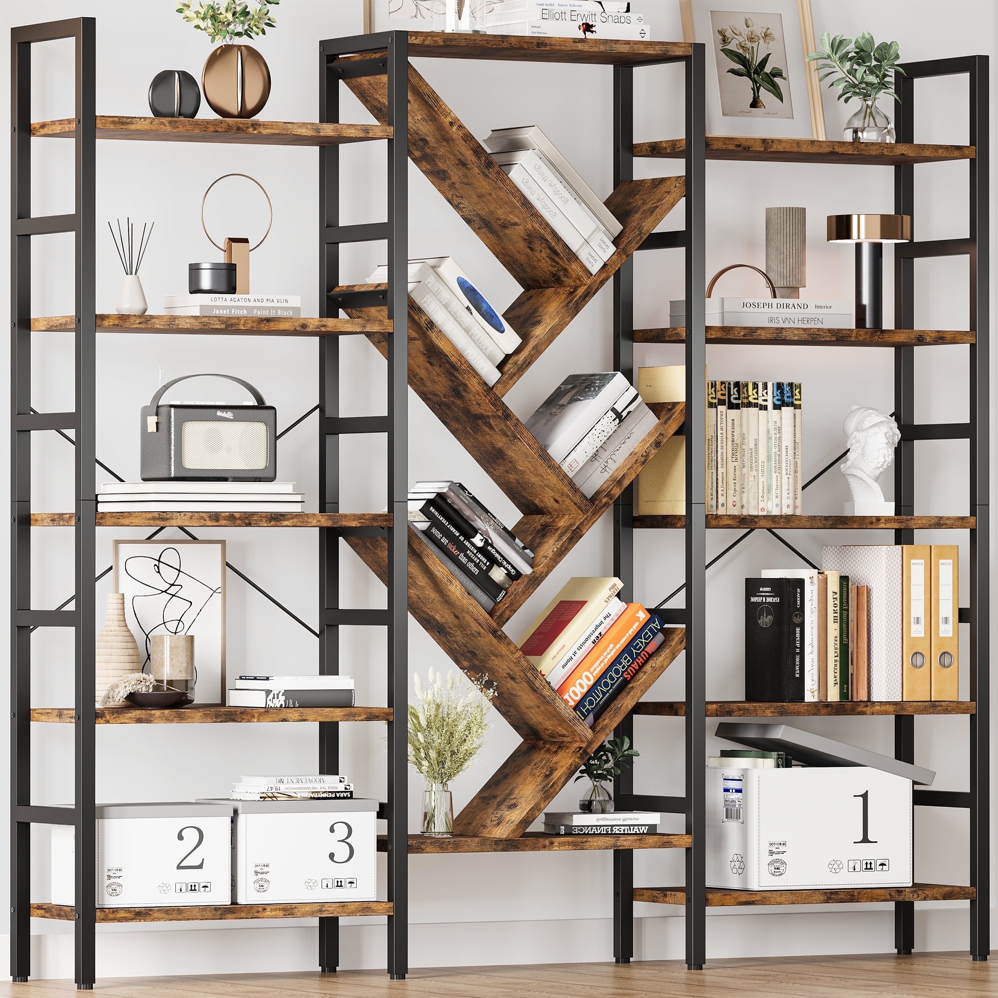 Triple 5 Tier Bookshelf, Large Wooden Bookcase with 17 Open Display ...