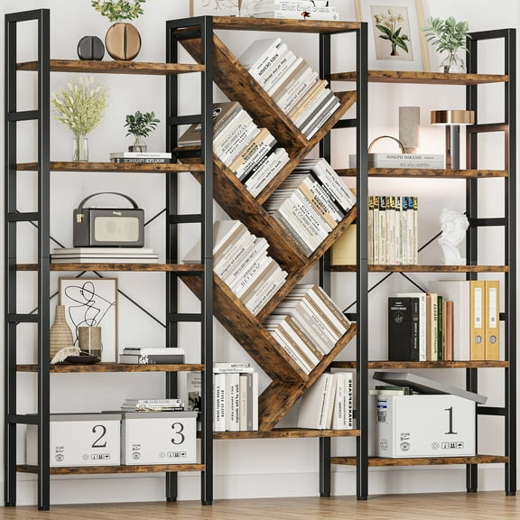 Bookshelf with Drawers - 5 Tier Tall Bookcase Geometric Modern Book ...