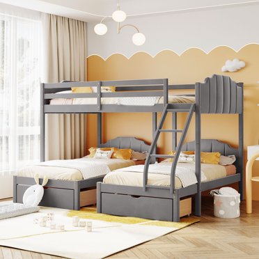 Bellemave Triple Bunk Bed for 3, Wood Full over Twin & Twin Bunk Bed ...