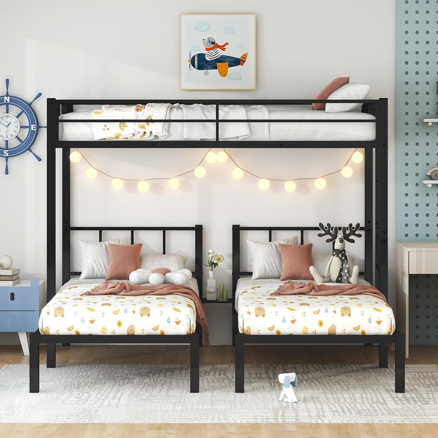 Triple Bunk Bed for 3 Metal Twin Over 2 Twin Bunk Bed with Shelf for ...