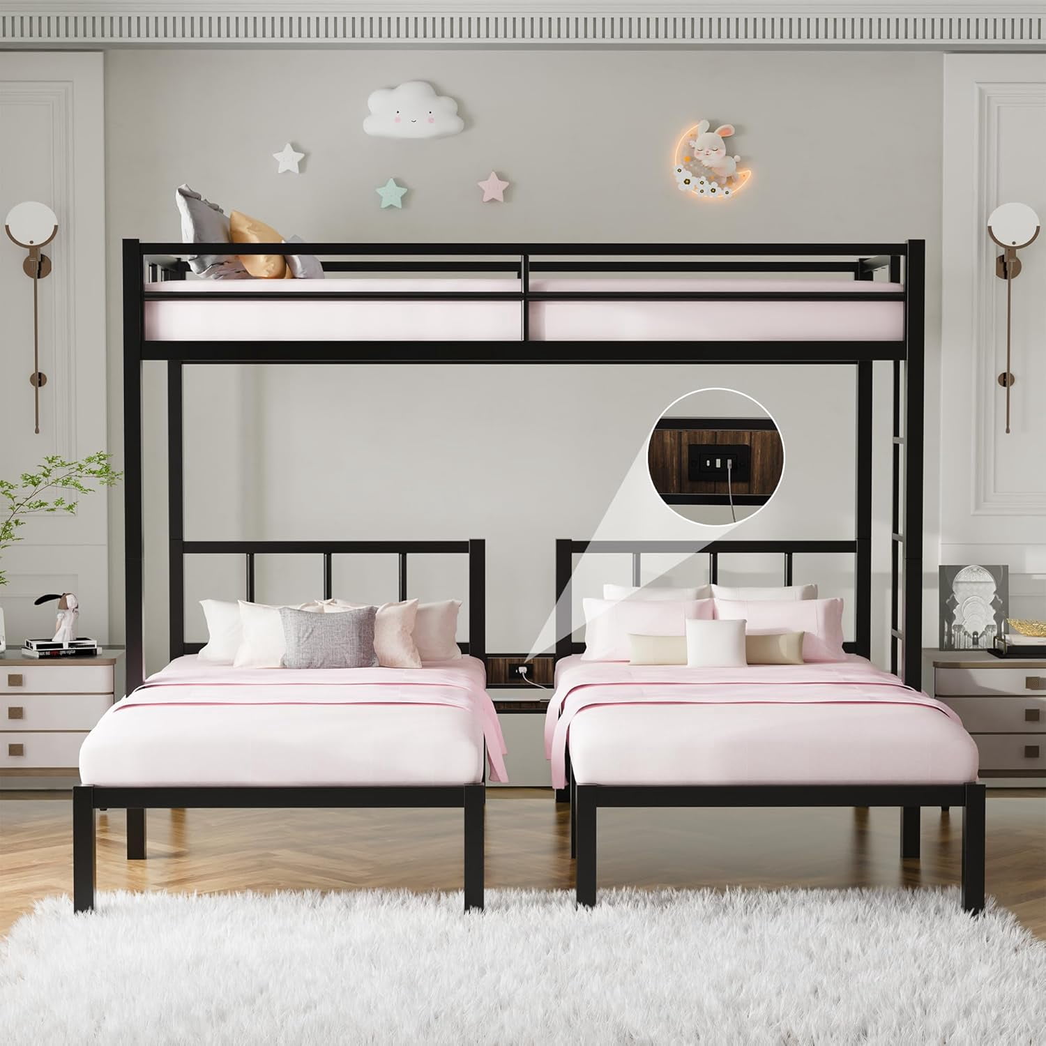 Triple Bunk Bed with Charging Station, Twin Over Twin Over Twin Metal ...