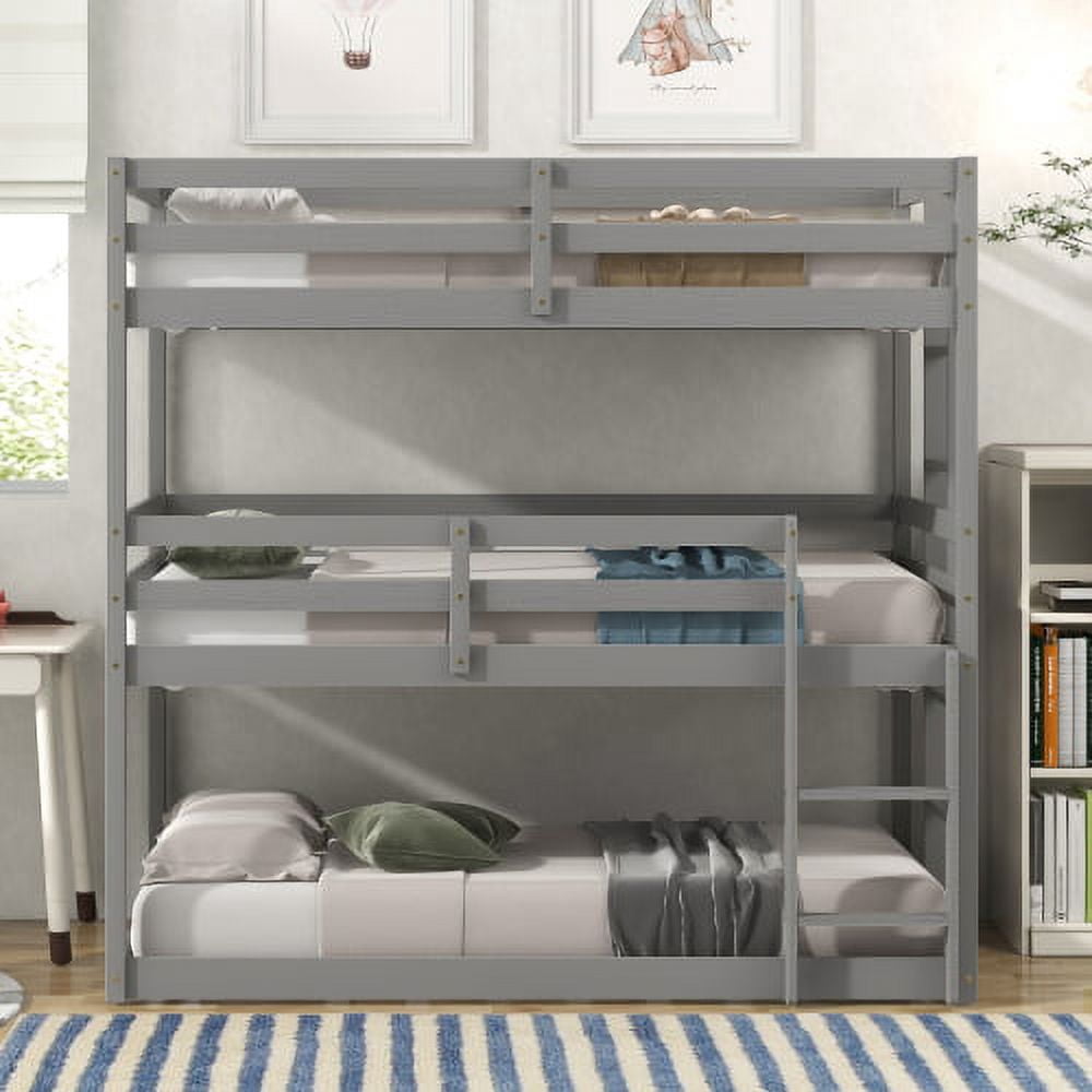 Triple Bunk Bed, Floor Bed with Safety Guardrail, Wood Bed Frame with ...