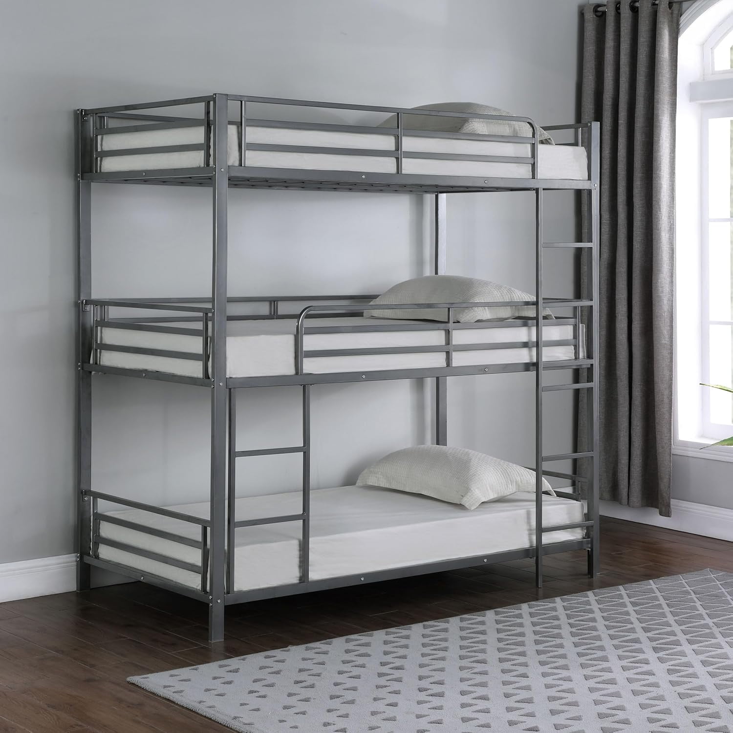 Triple Bunk Bed Frame, Rustic Metal Design with Ladder & Guardrails ...
