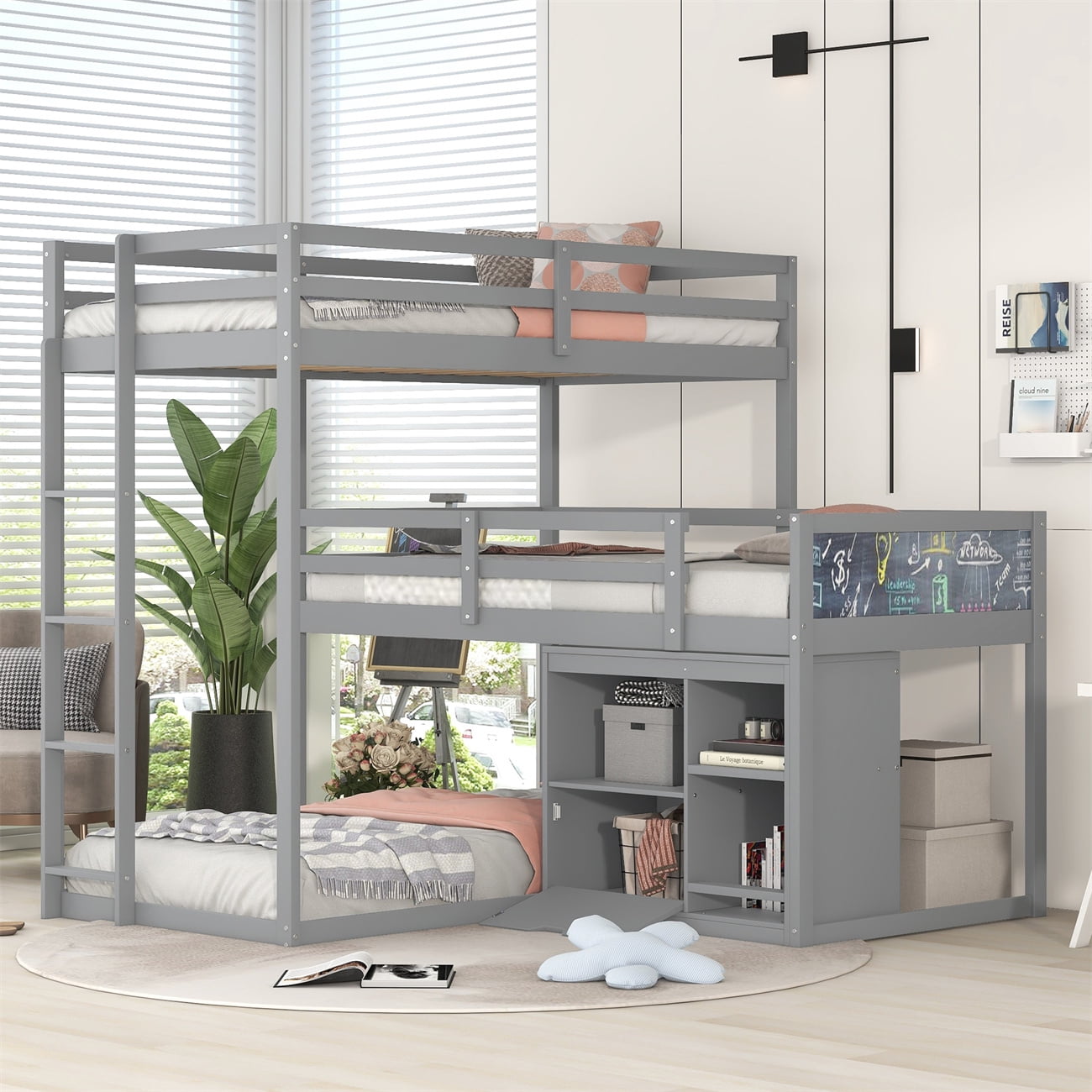 Triple Bunk Bed, L-Shaped Bunk Bed with Storage Cabinet and Blackboard ...