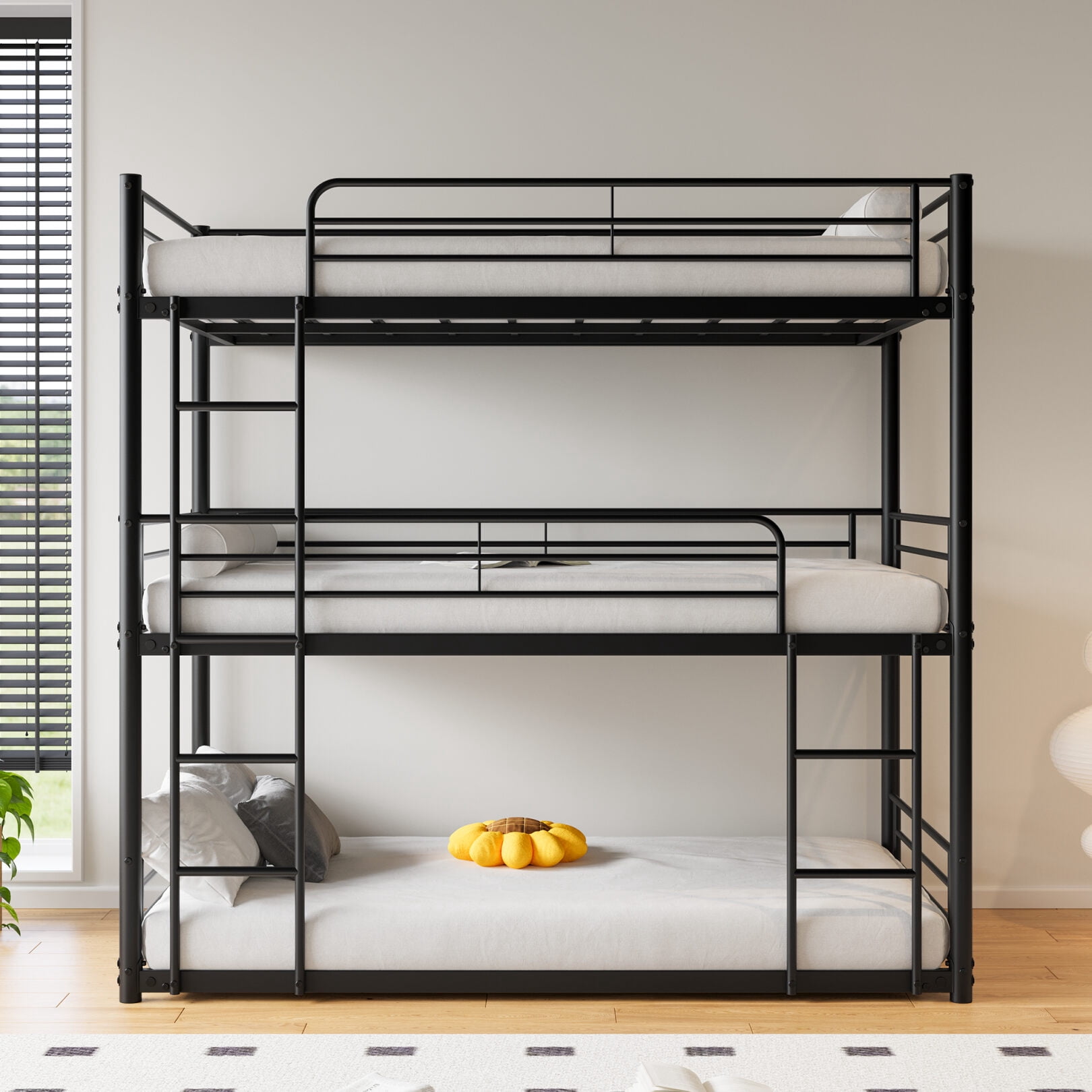 Triple Bunk Bed, Metal Twin Size Triple Bed Frame with Ladders and ...
