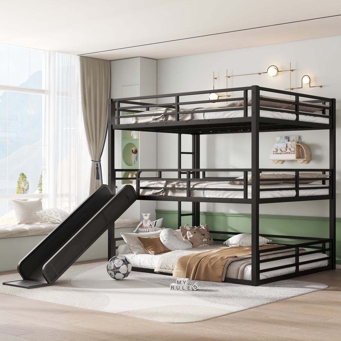 Triple Bunk Bed Queen Over Queen Over Queen with Slide, Heavy Duty ...