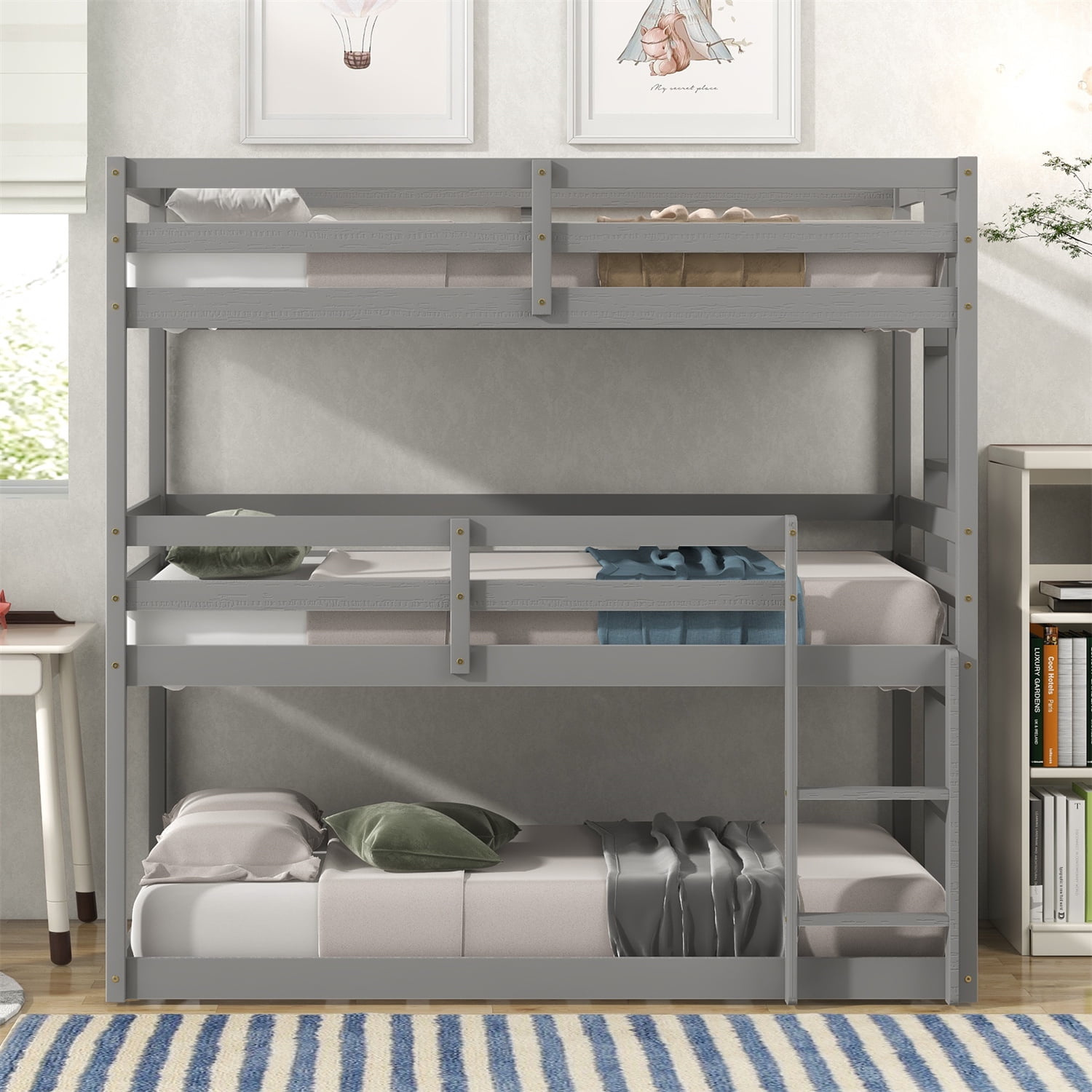 Triple Bunk Bed, Solid Wood Bunk Bed Frame with Safety Guardrail and ...