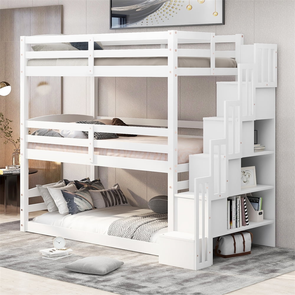 Convertible Triple Bunk Bed with Stairs & Underneath Storage, Twin Over ...