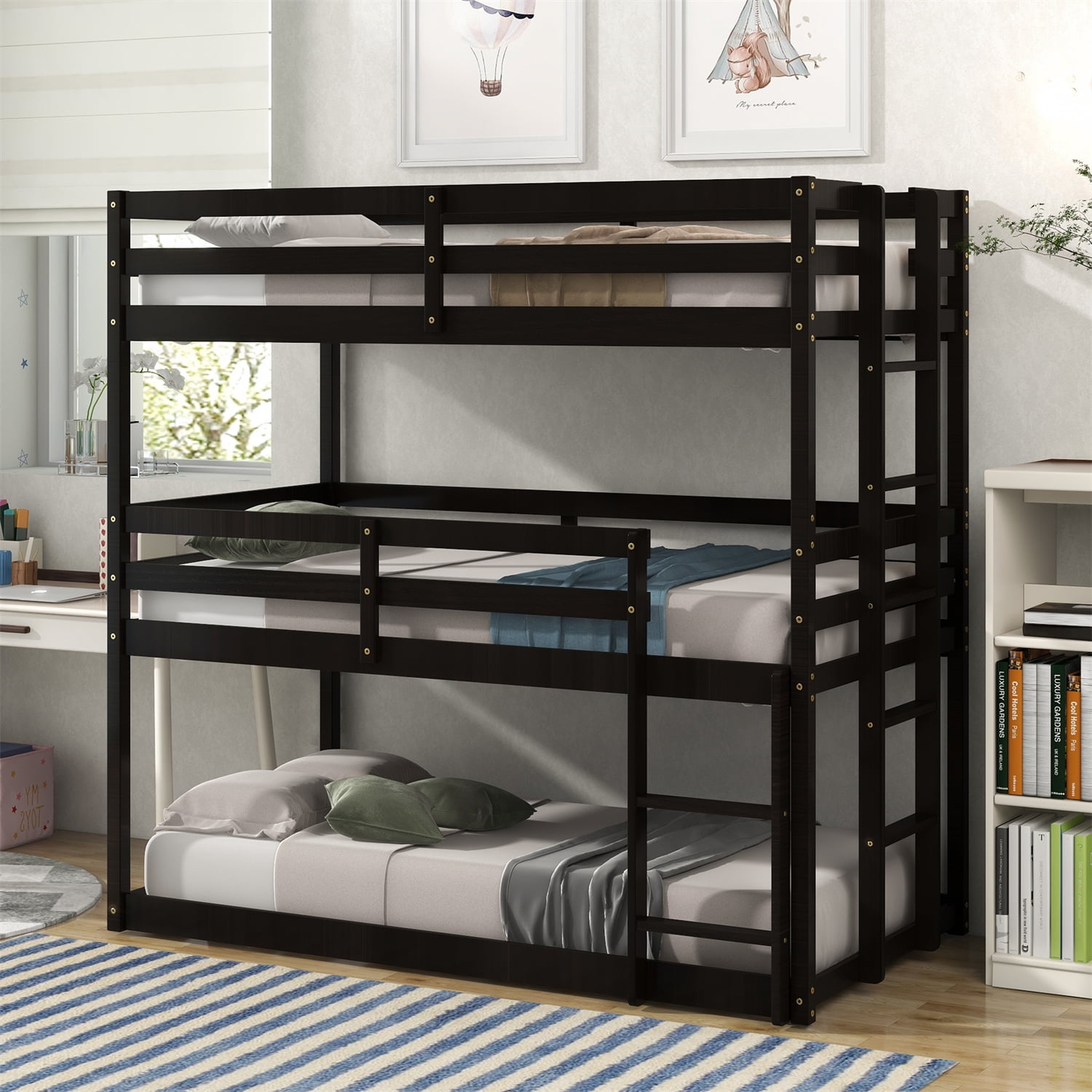 Triple Bunk Bed, Twin over Twin over Twin Bunk Bed Frame with 2 Ladders ...