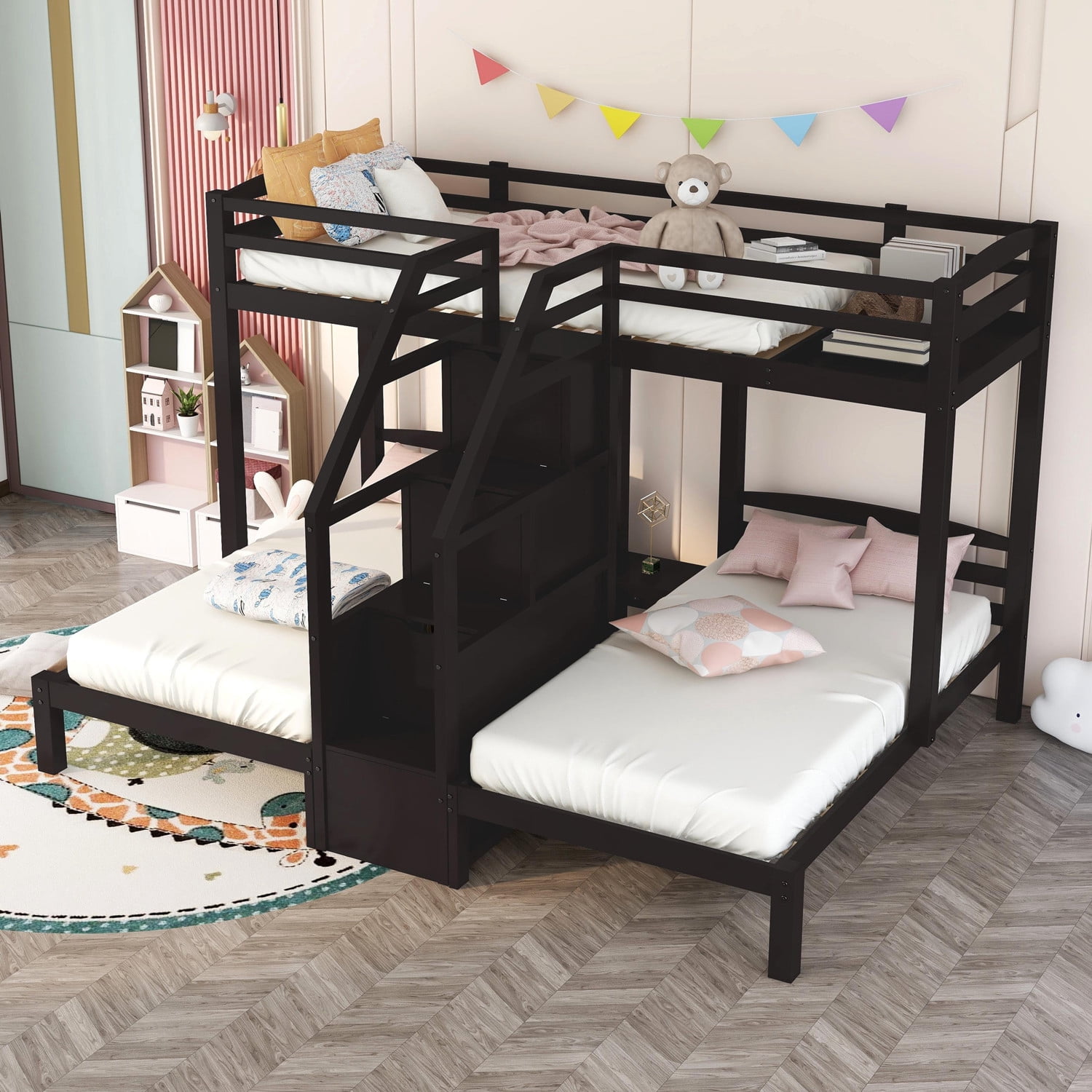 Triple Bunk Bed with Storage Staircase, Drawer & Shelf, Solid Wood ...