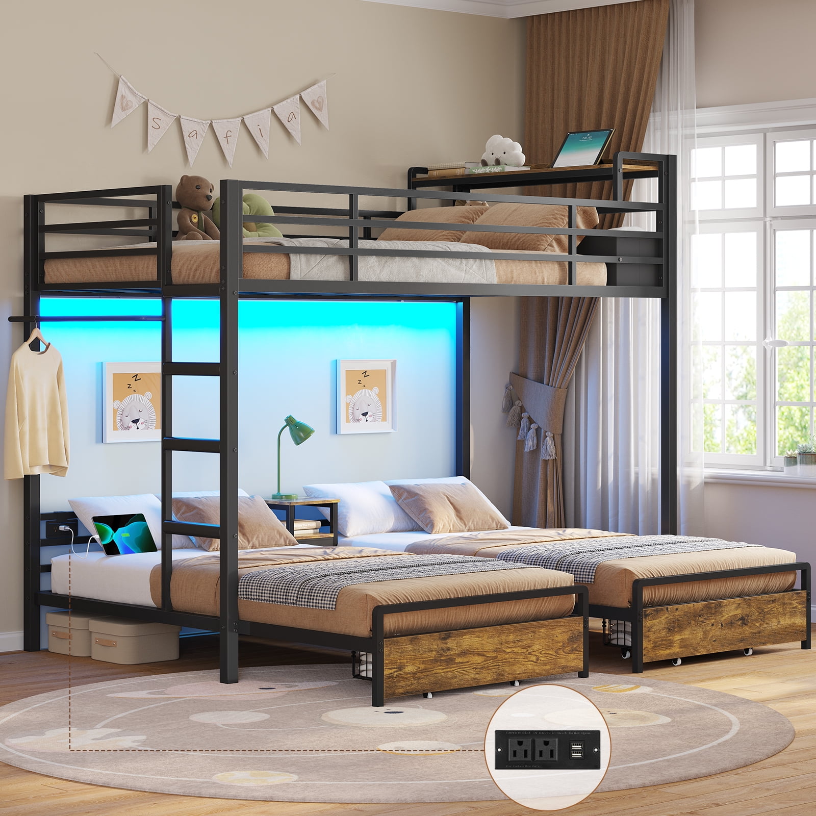 Triple Bunk Bed Twin Over Twin Over Twin Metal Bunk Bed with LED Lights ...
