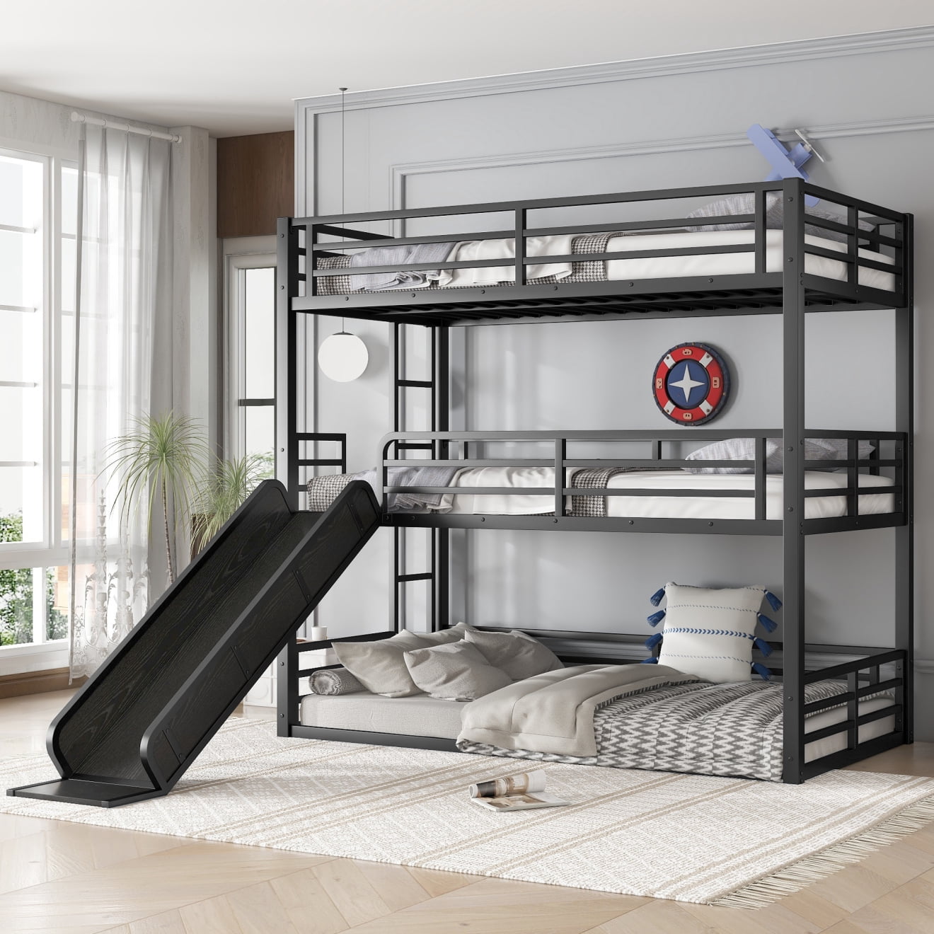 Triple Bunk Bed Twin XL Over Twin XL Over Twin XL with Slide, Heavy ...