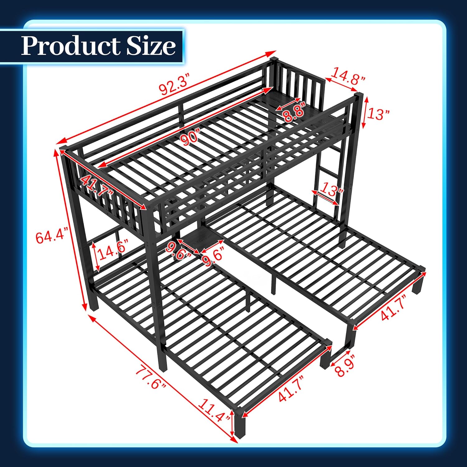 Triple Bunk Bed with LED Lights, Charging Ports, and Detachable Design ...