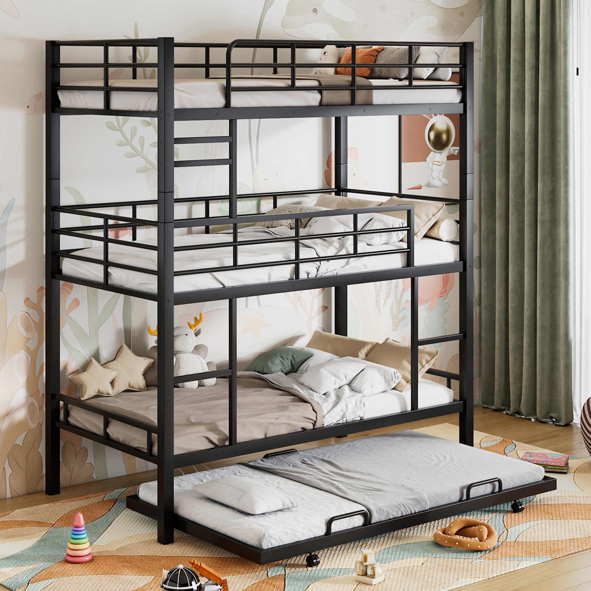 Triple Bunk Bed with Trundle, Twin Over Twin Metal Bunk Beds with ...