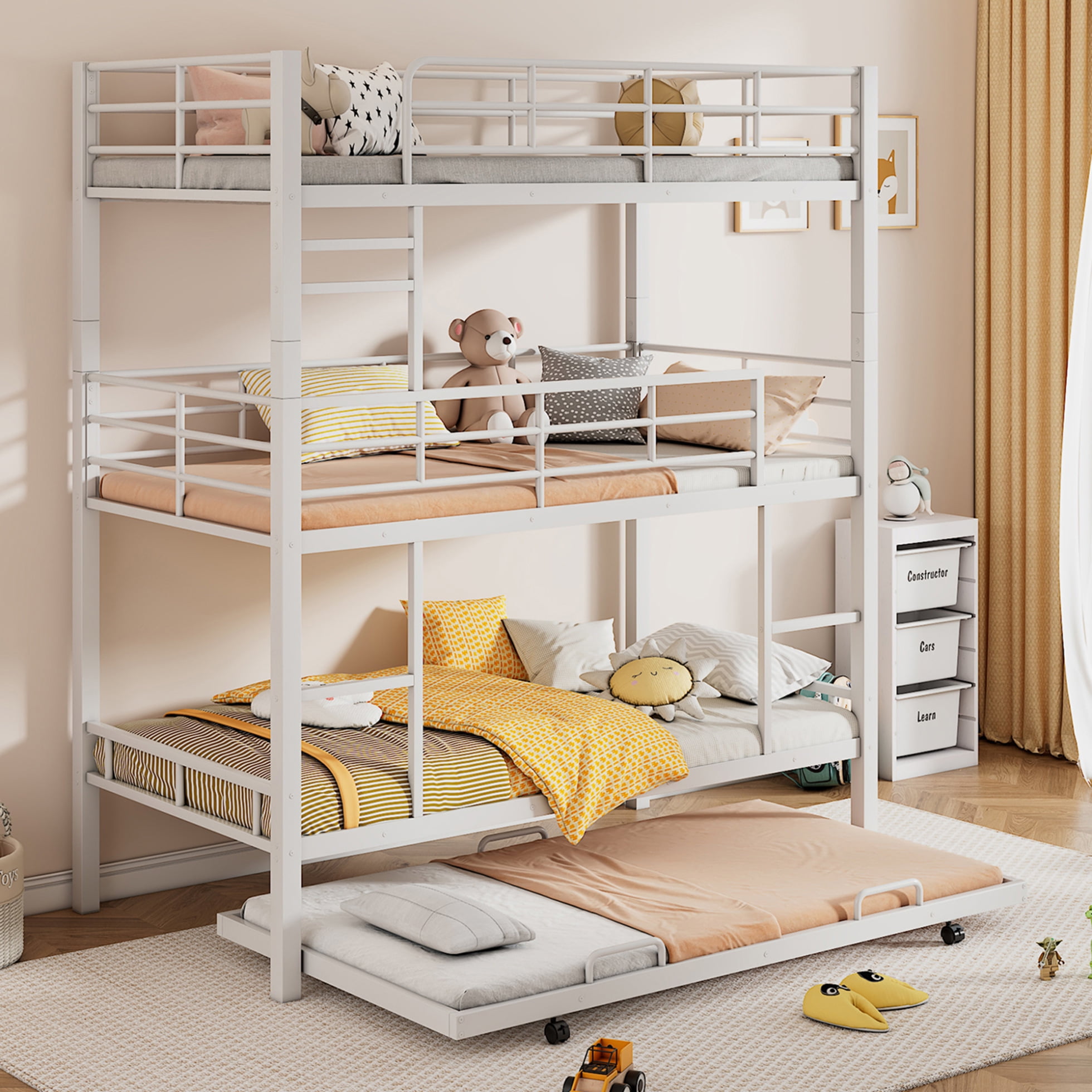 Triple Bunk Bed with Trundle, Twin Over Twin Metal Bunk Beds with ...