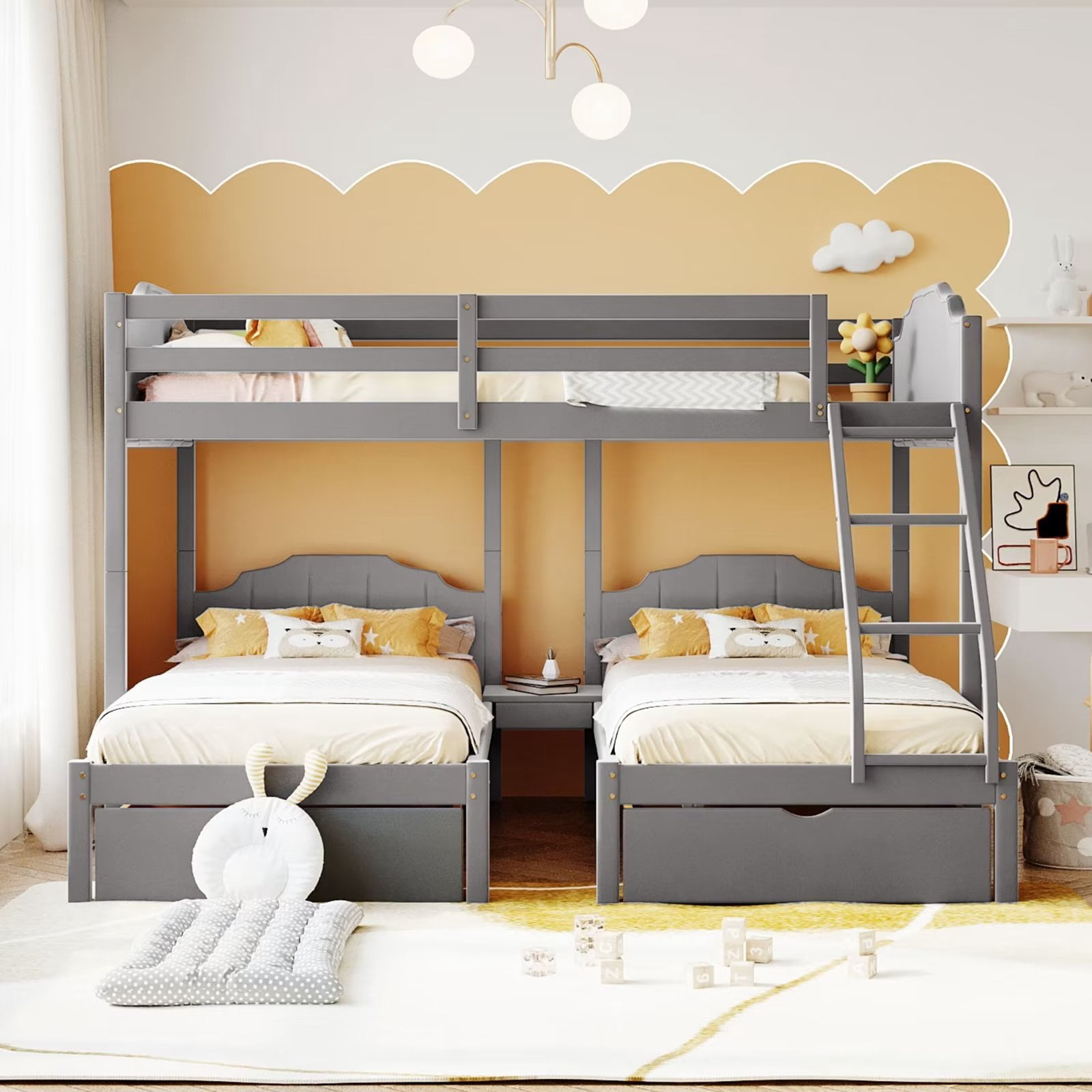 Triple Bunk Beds, Full over Twin & Twin Velvet Upholstered Bunk Bed ...