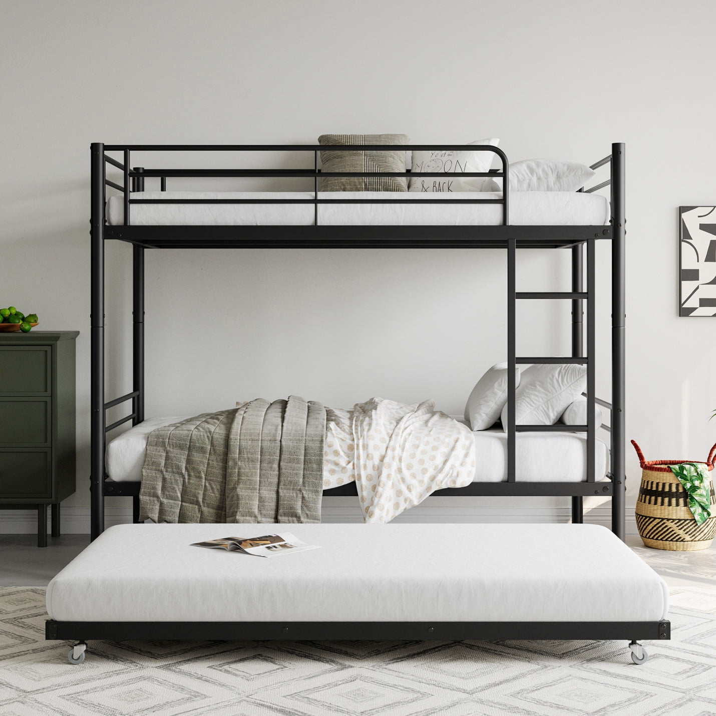 Twin Metal Bunk Bed with Trundle Bed, Ladder and Full-Length Guardrail ...