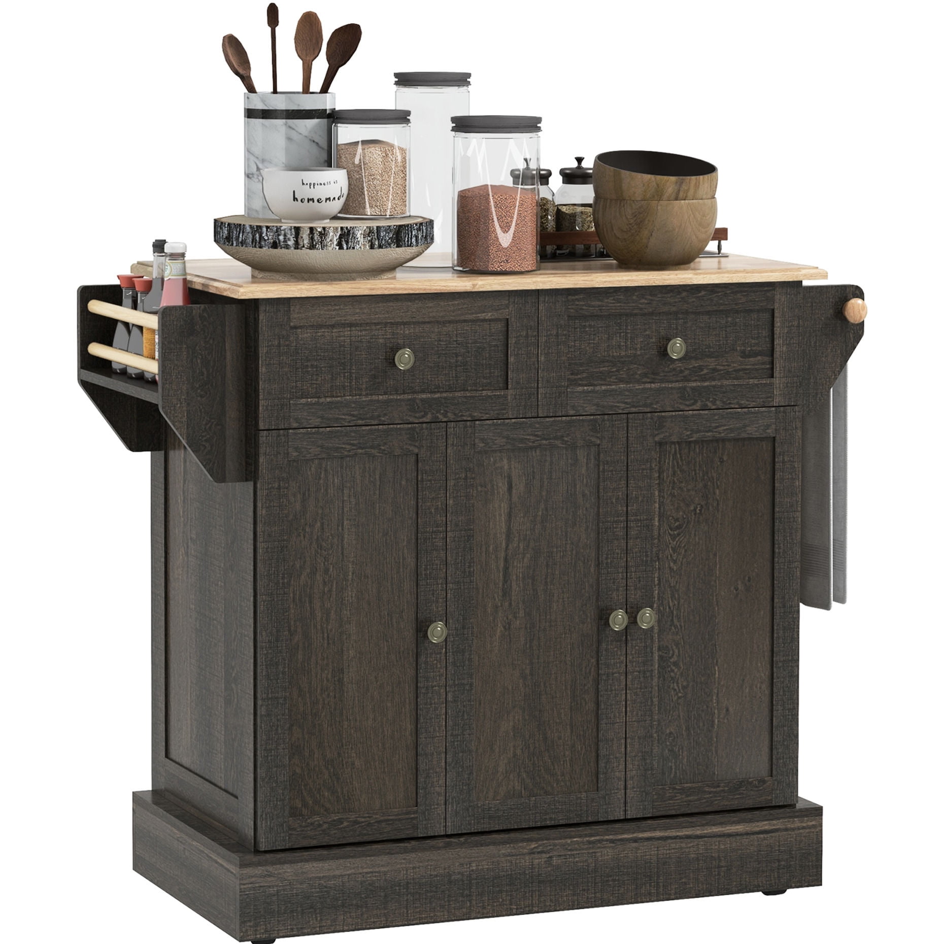 Triple-Cabinet Kitchen Island on Wheels with Drawers, Countertop, Towel ...
