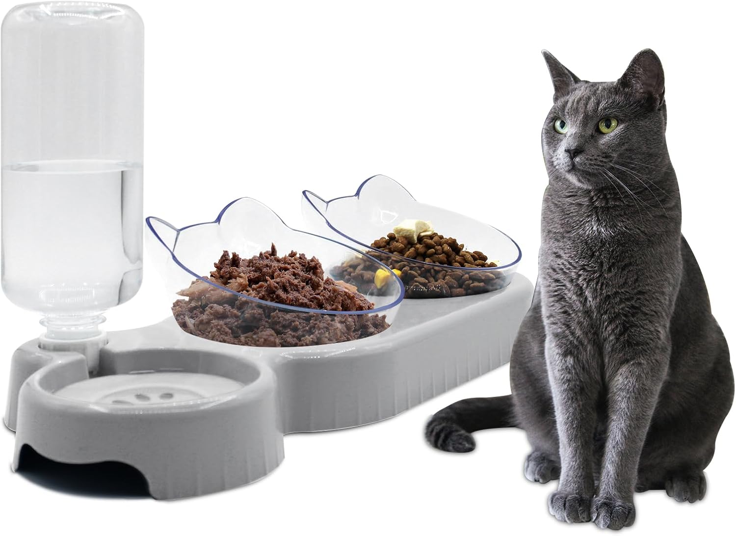 Triple Cat Bowls - 3-in-1 Water Feeder & Food Bowls with Automatic Water Bottle, Whisker ...