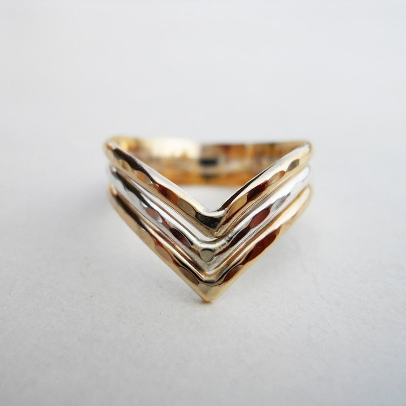 Triple Chevron V Ring Hammered 14k Gold Filled With Sterling Silver ...