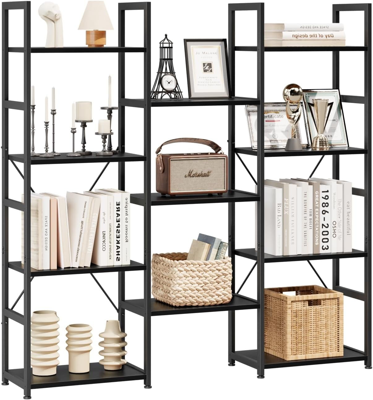 **triple column 4 tier bookshelf, bookcase with 11 open display shelves, adjustable rustic ...