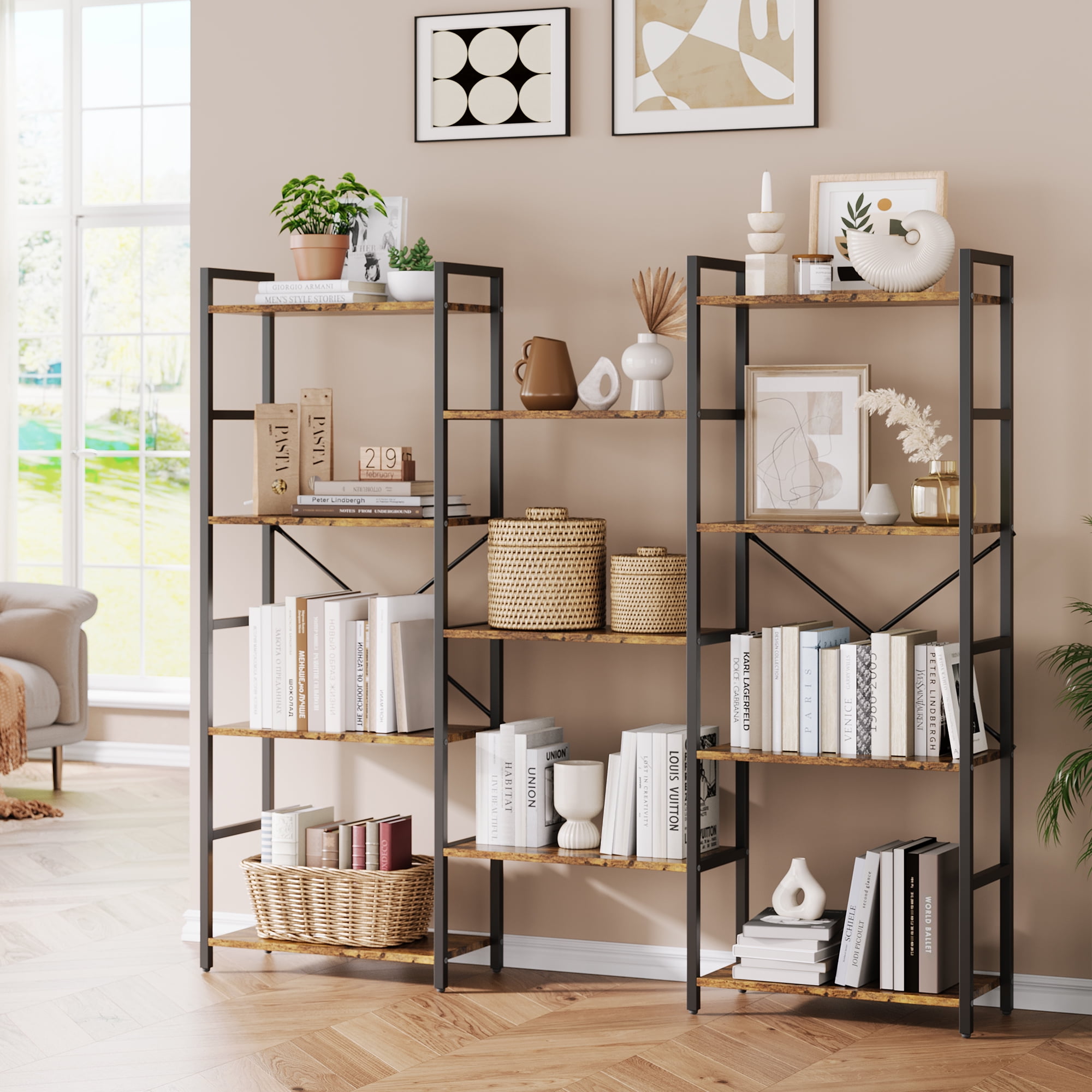 Triple Column 4-Tier Industrial Bookshelf, Adjustable 11 Open Shelves ...