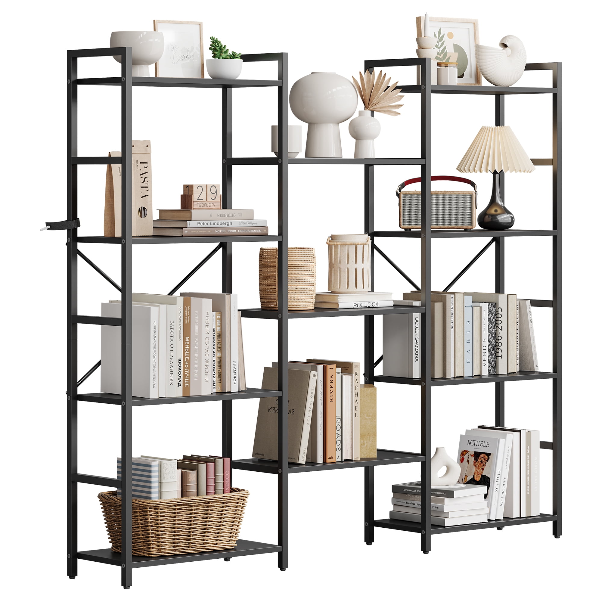 Triple Column 4-Tier Industrial Bookshelf, Adjustable 11 Open Shelves ...